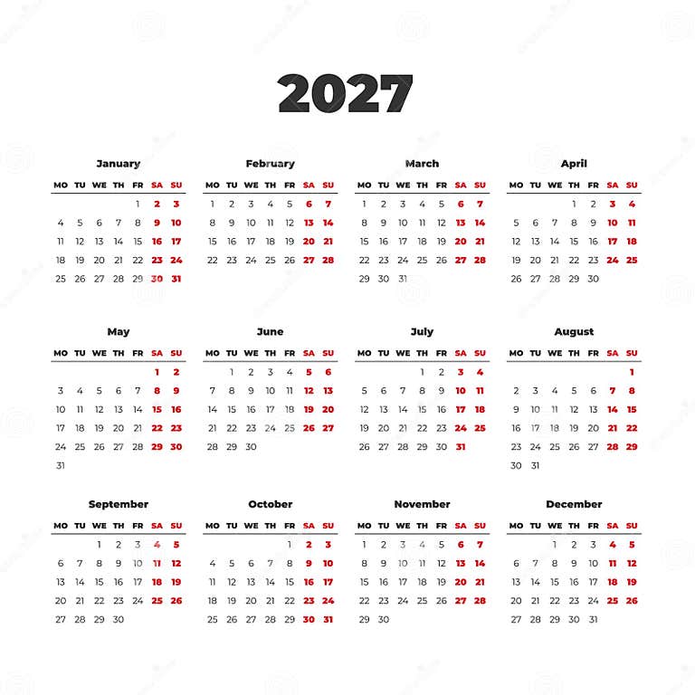 Simple Vector Calendar on 2027. Start from Monday Stock Illustration ...