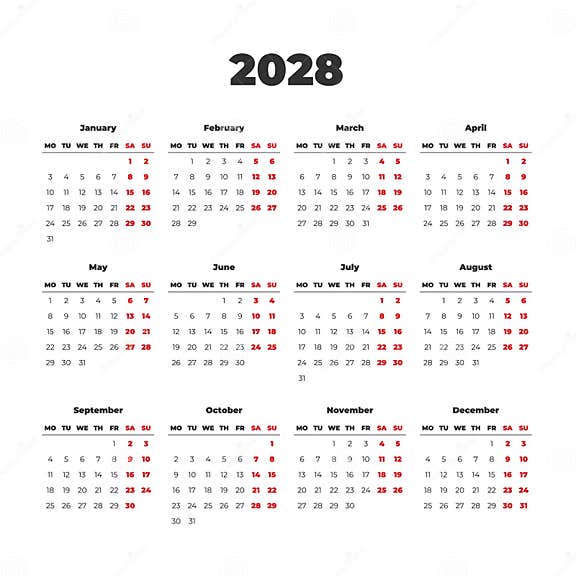 Simple Vector Calendar on 2028. Start from Monday Stock Illustration ...
