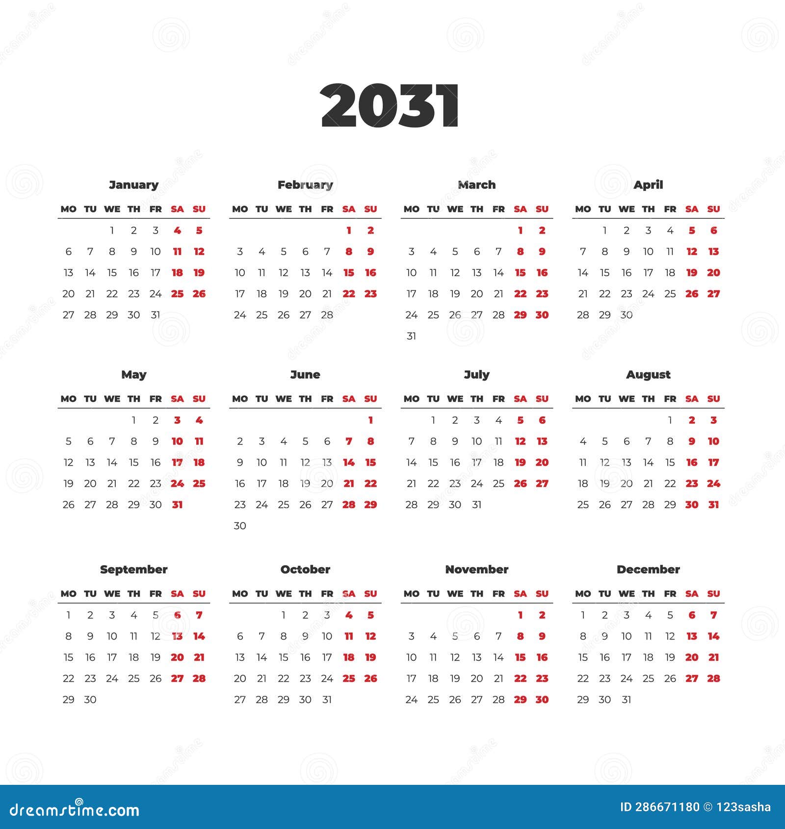 Simple Vector Calendar on 2031. Start from Monday Stock Vector ...