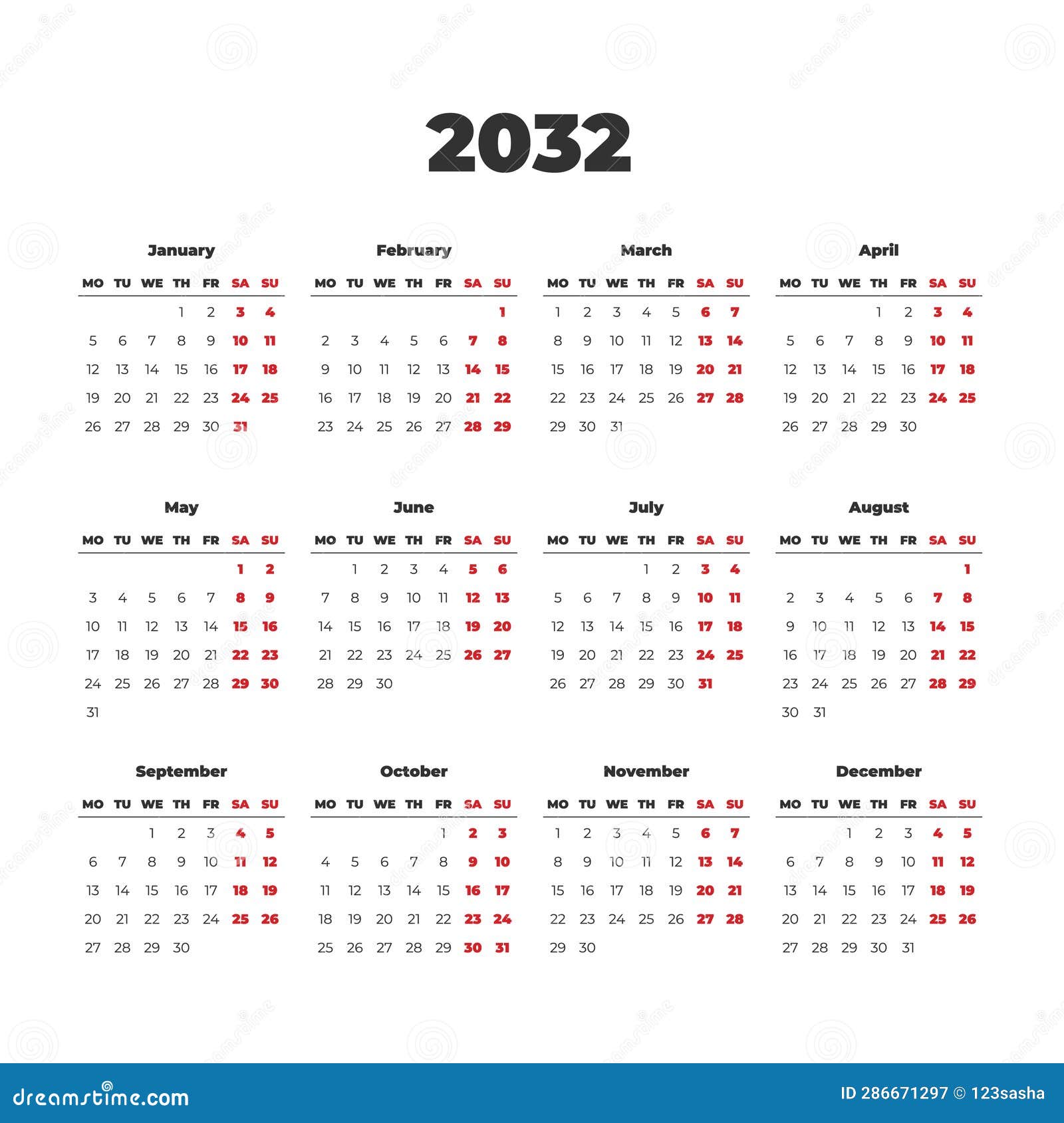 Simple Vector Calendar on 2032. Start from Monday Stock Illustration ...