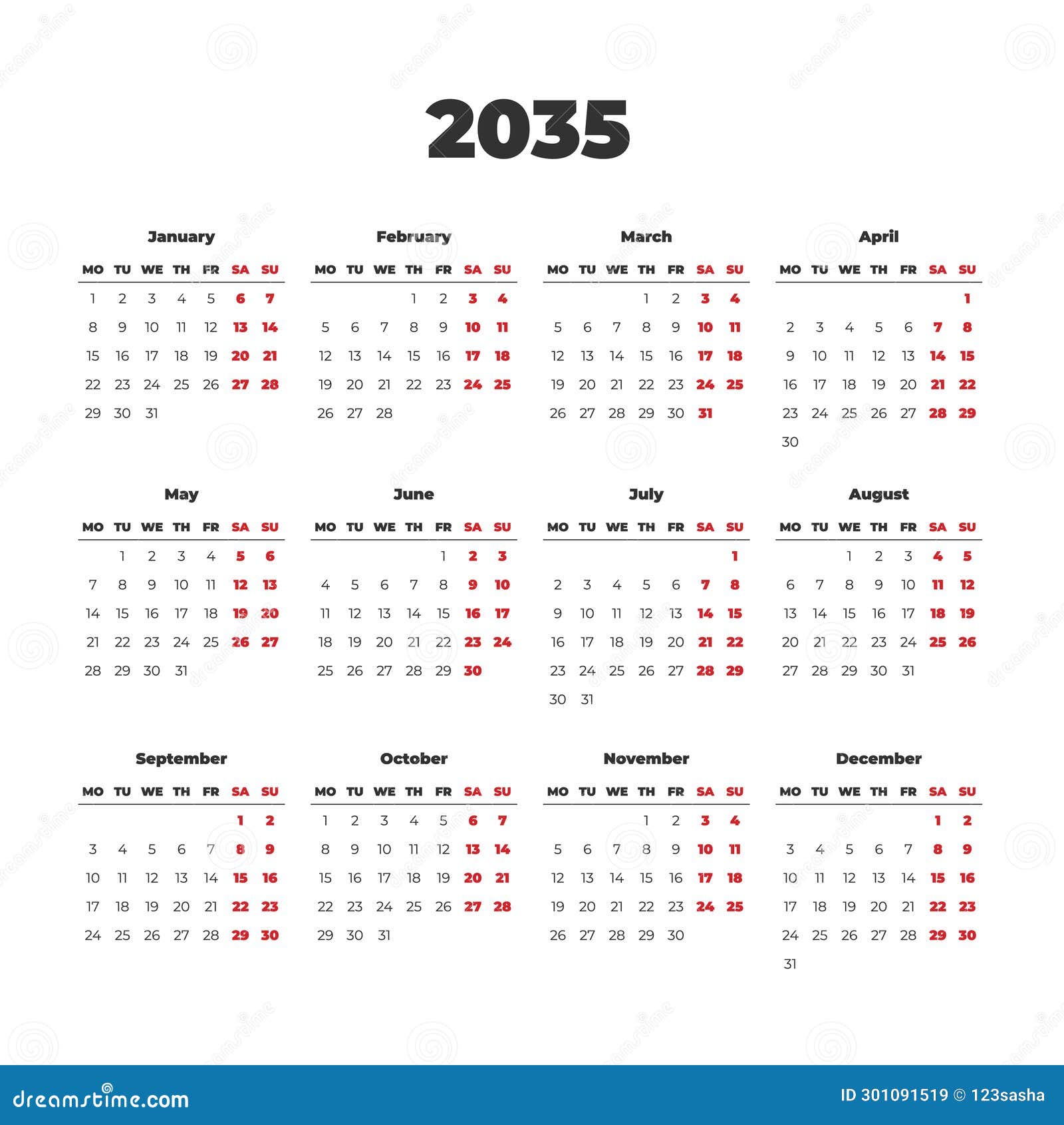 Simple Vector Calendar on 2035. Start from Monday Stock Vector ...
