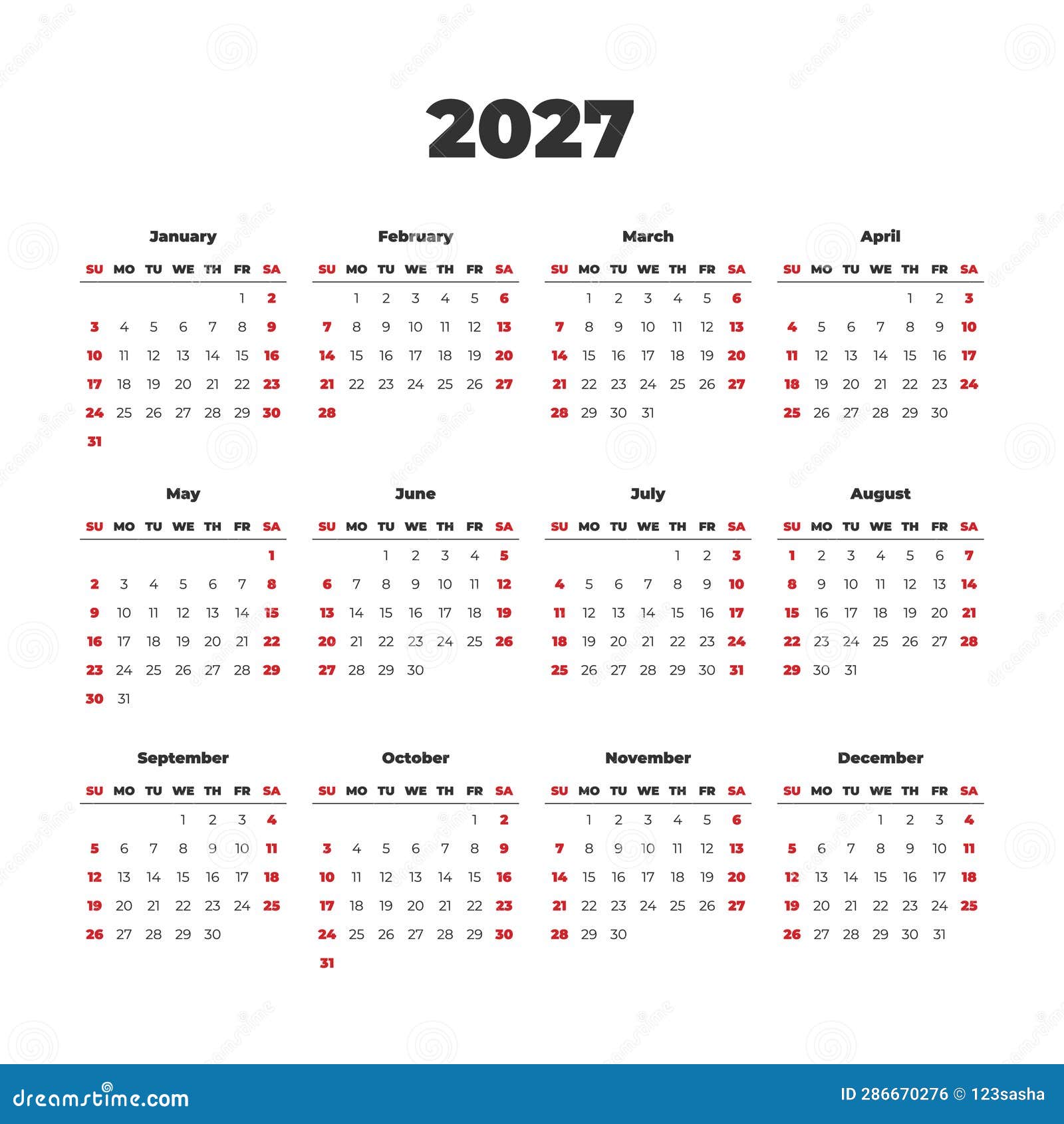 2027 Simple Vector Calendar. Weeks Start On Monday Royalty-Free Stock ... 2027 Simple Vector Calendar. Weeks Start On Monday Royalty-Free Stock ...