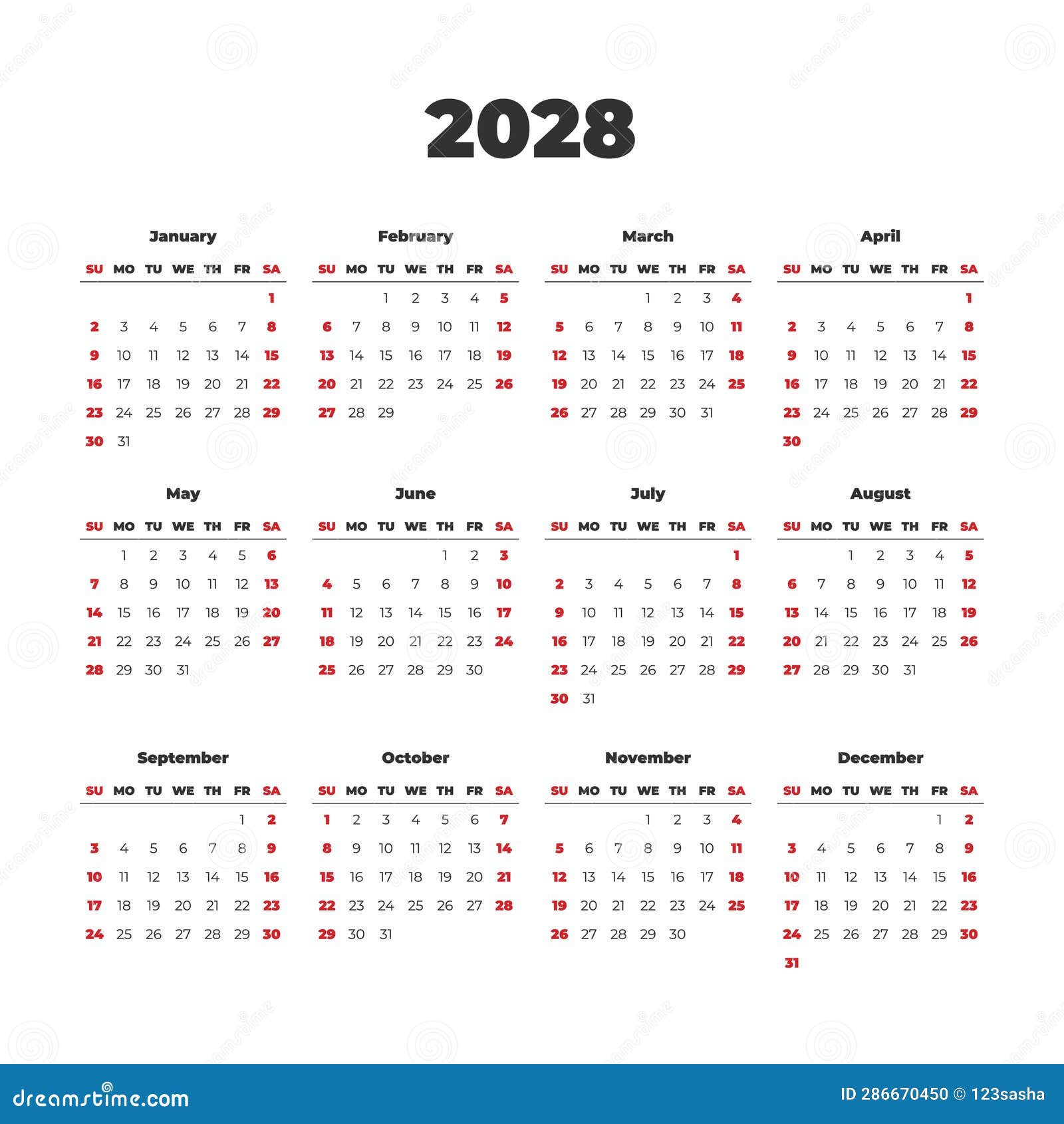 Simple Vector Calendar on 2028. Start from Sunday Stock Vector ...
