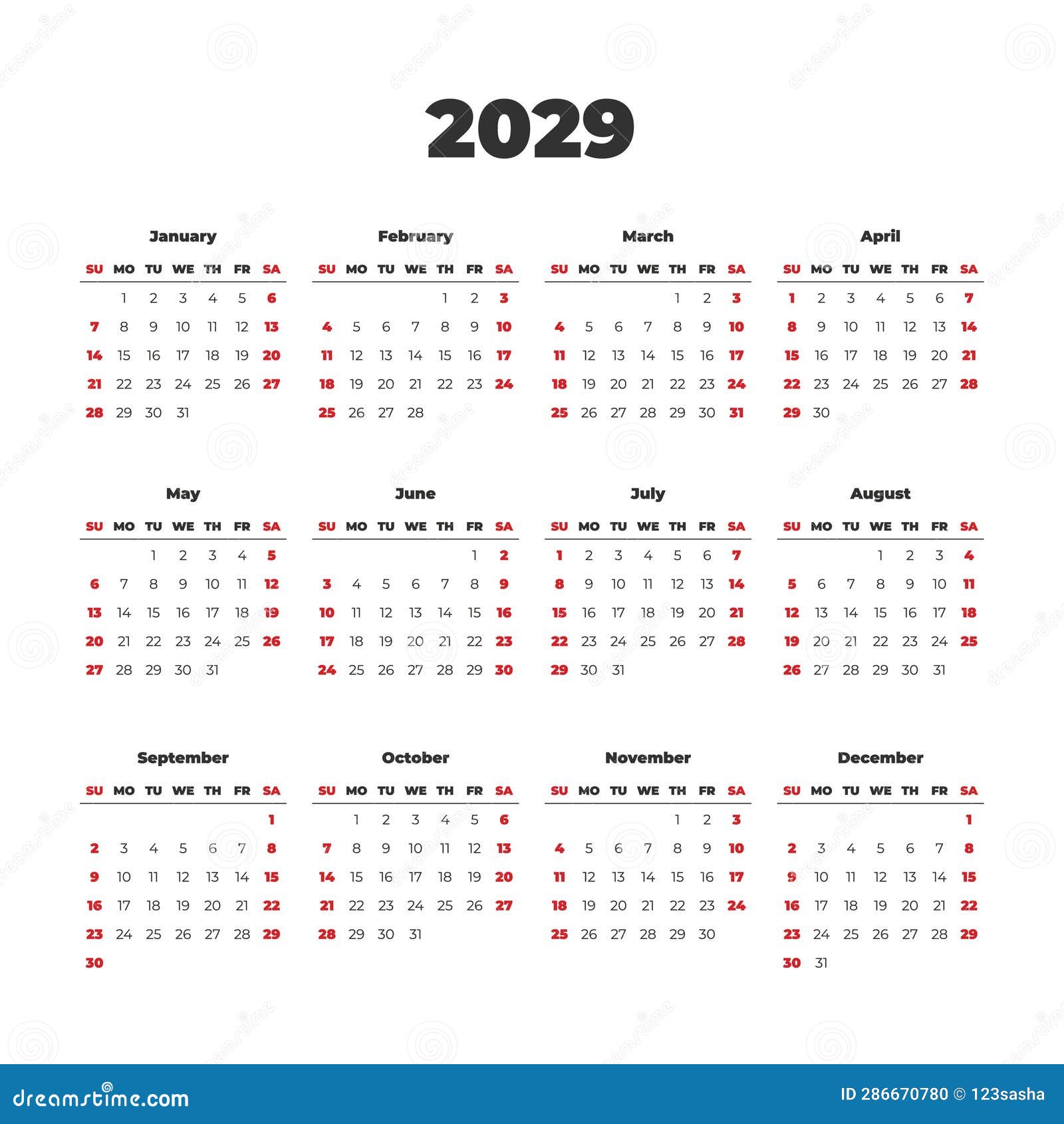Simple Vector Calendar on 2029. Start from Sunday Stock Vector ...