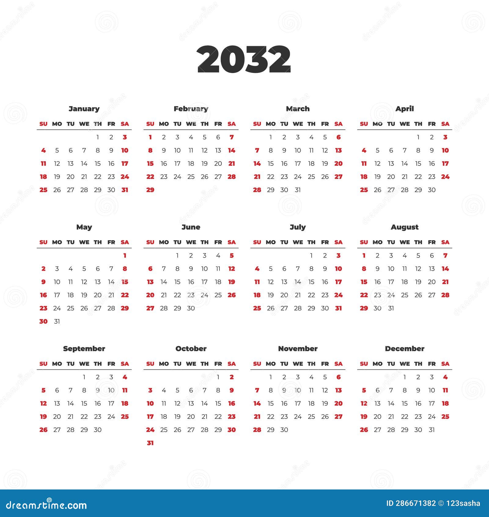 Simple Vector Calendar on 2032. Start from Sunday Stock Vector ...