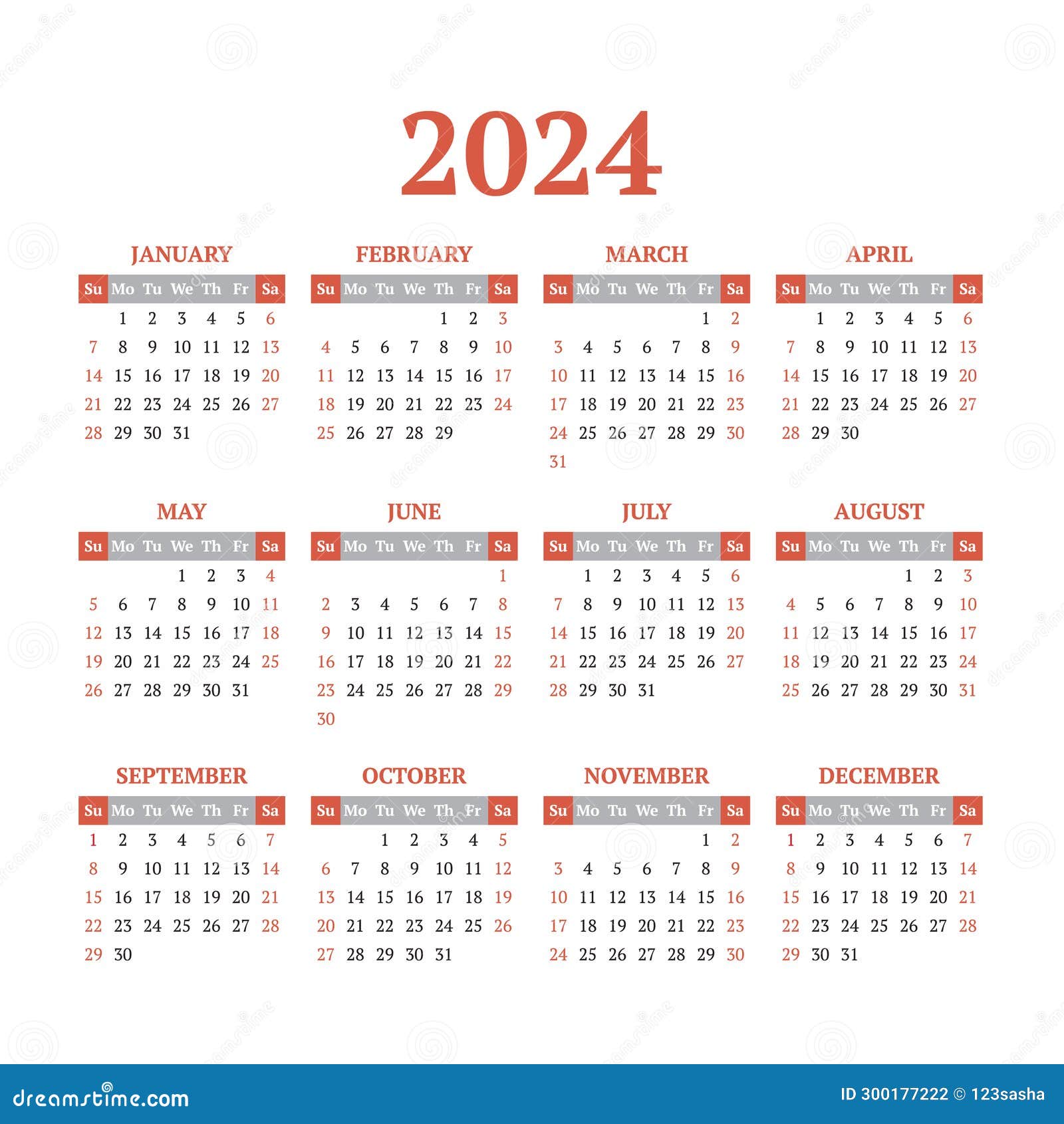 Simple Vector Calendar on 2024. Start from Sunday Stock Illustration ...