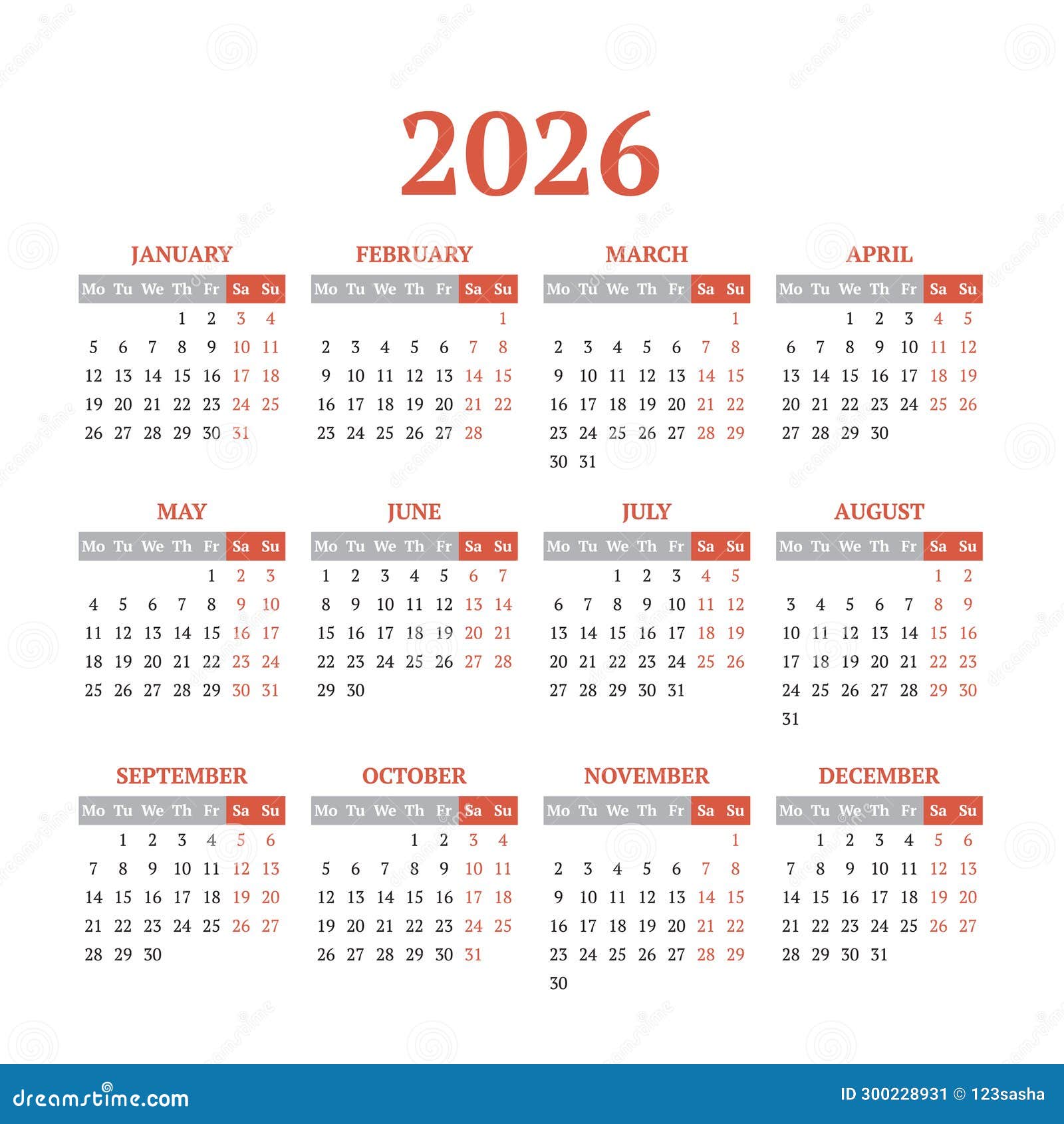 Simple Vector Calendar on 2026. Start from Monday Stock Vector ...