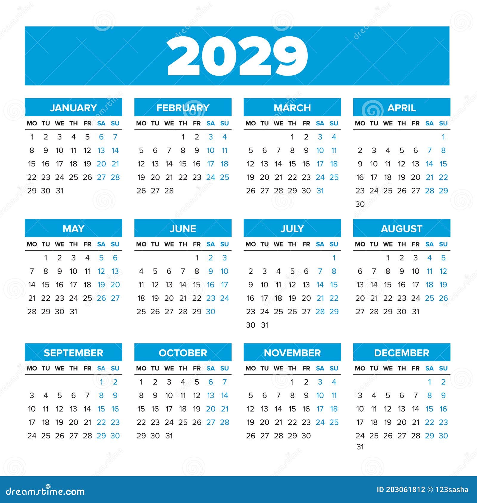 2029 Simple Vector Calendar. Weeks Start on Monday Stock Vector ... 2029 Simple Vector Calendar. Weeks Start on Monday Stock Vector ...