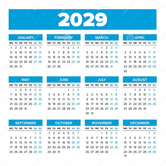 2029 Simple Vector Calendar. Weeks Start on Monday Stock Vector ...