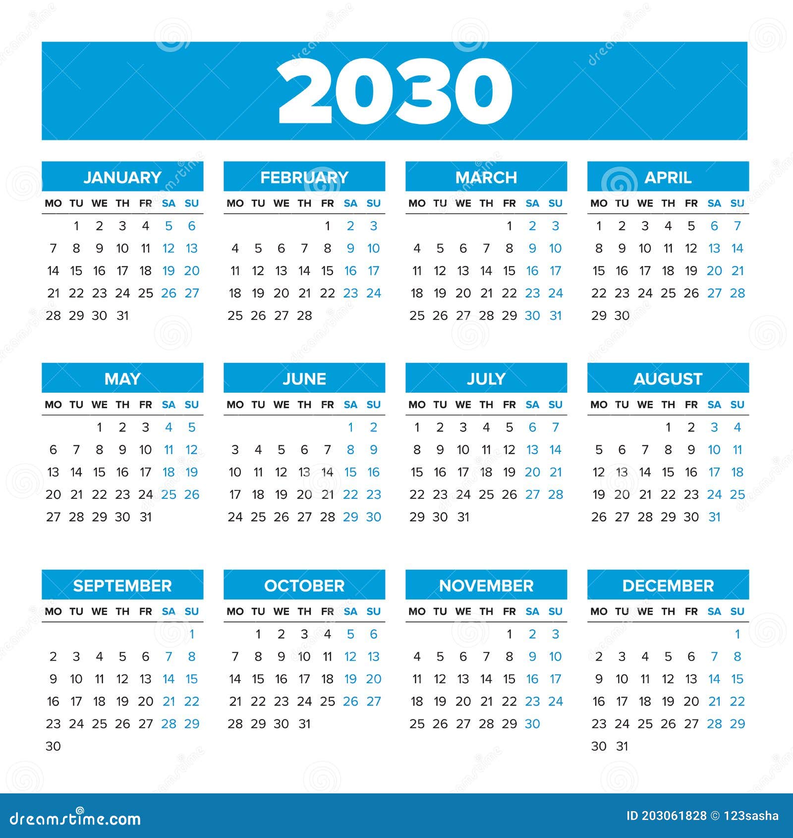 2030 Simple Vector Calendar. Weeks Start on Monday Stock Vector ... 2030 Simple Vector Calendar. Weeks Start on Monday Stock Vector ...