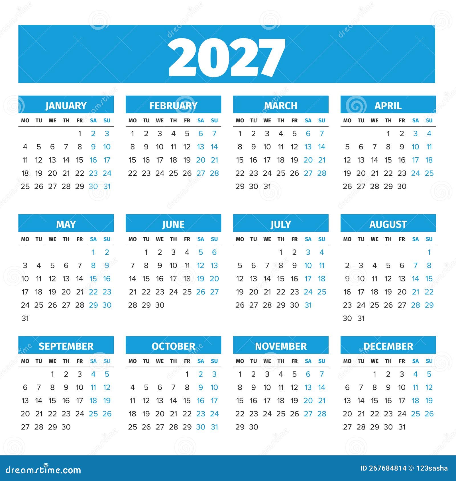 2027 Simple Vector Calendar. Weeks Start on Monday Stock Illustration ...