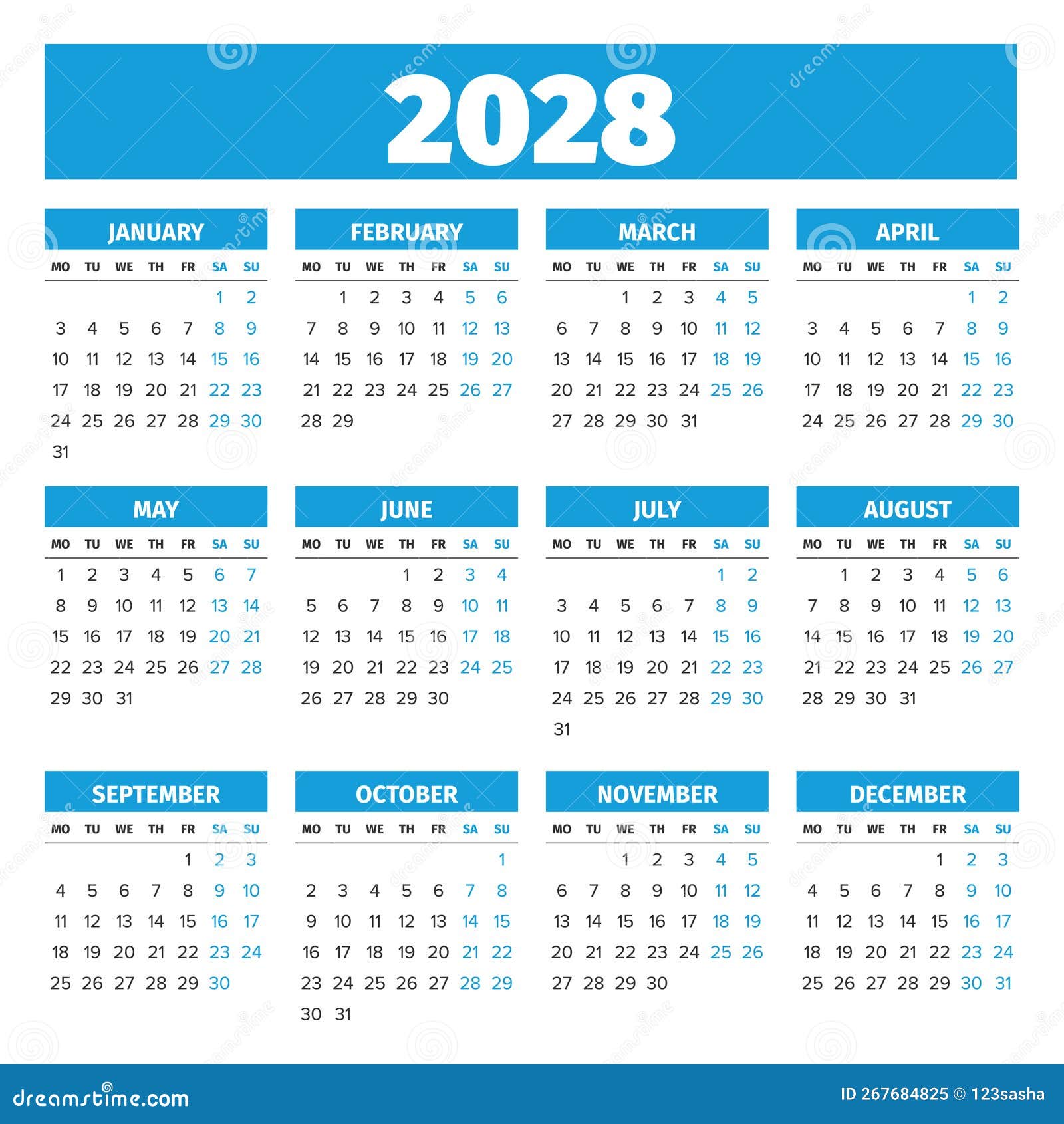 2028 Simple Vector Calendar. Weeks Start on Monday Stock Vector ...