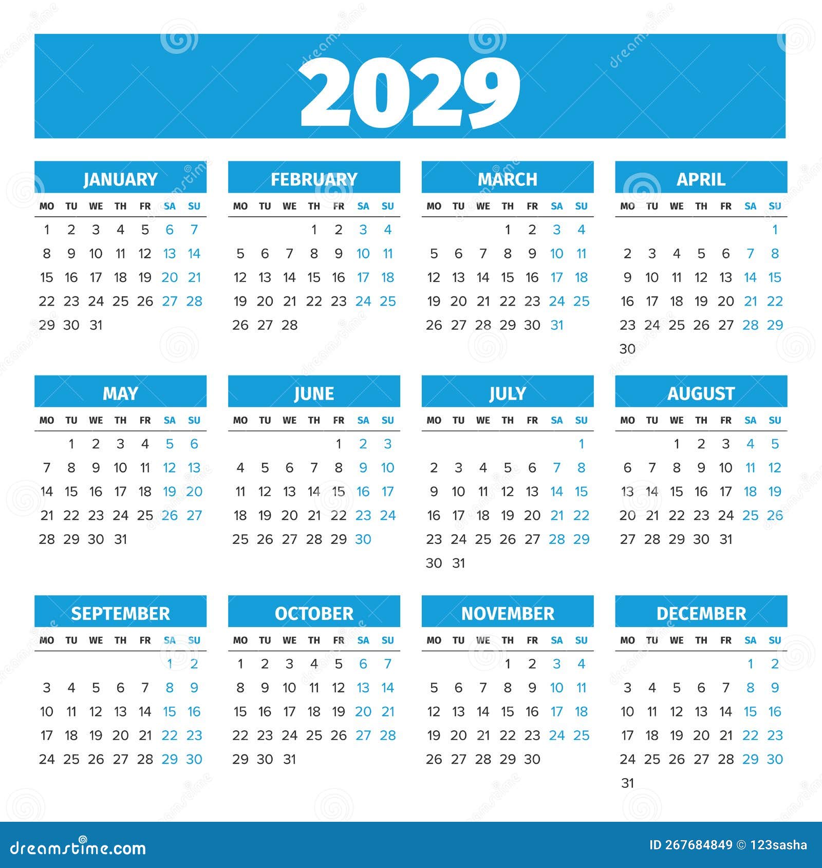 2029 Simple Vector Calendar. Weeks Start on Monday Stock Illustration ... 2029 Simple Vector Calendar. Weeks Start on Monday Stock Illustration ...
