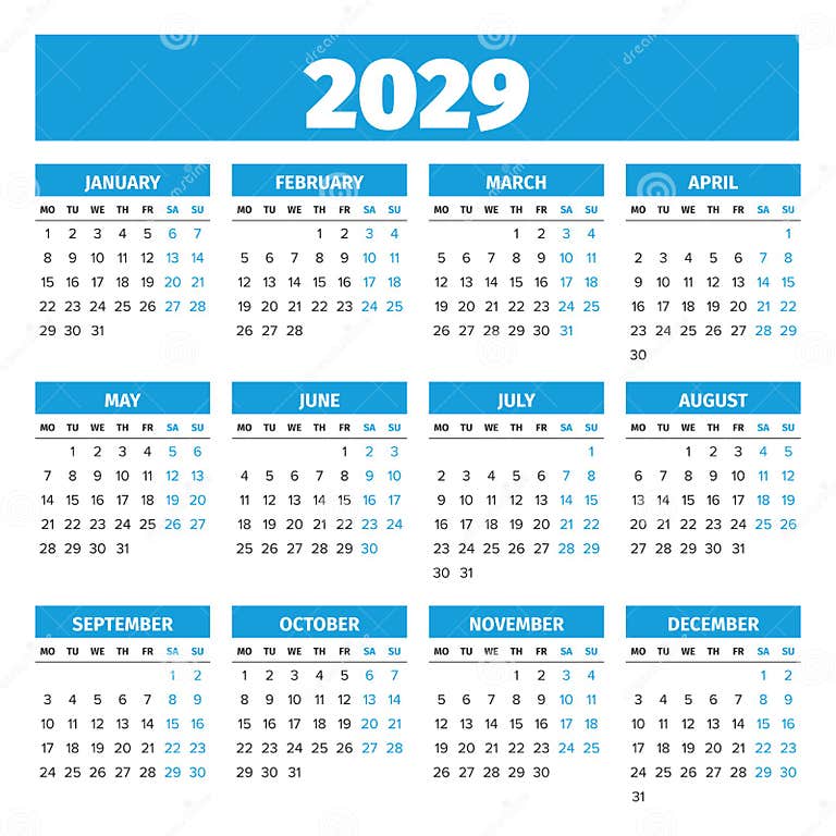 2029 Simple Vector Calendar. Weeks Start on Monday Stock Illustration ...