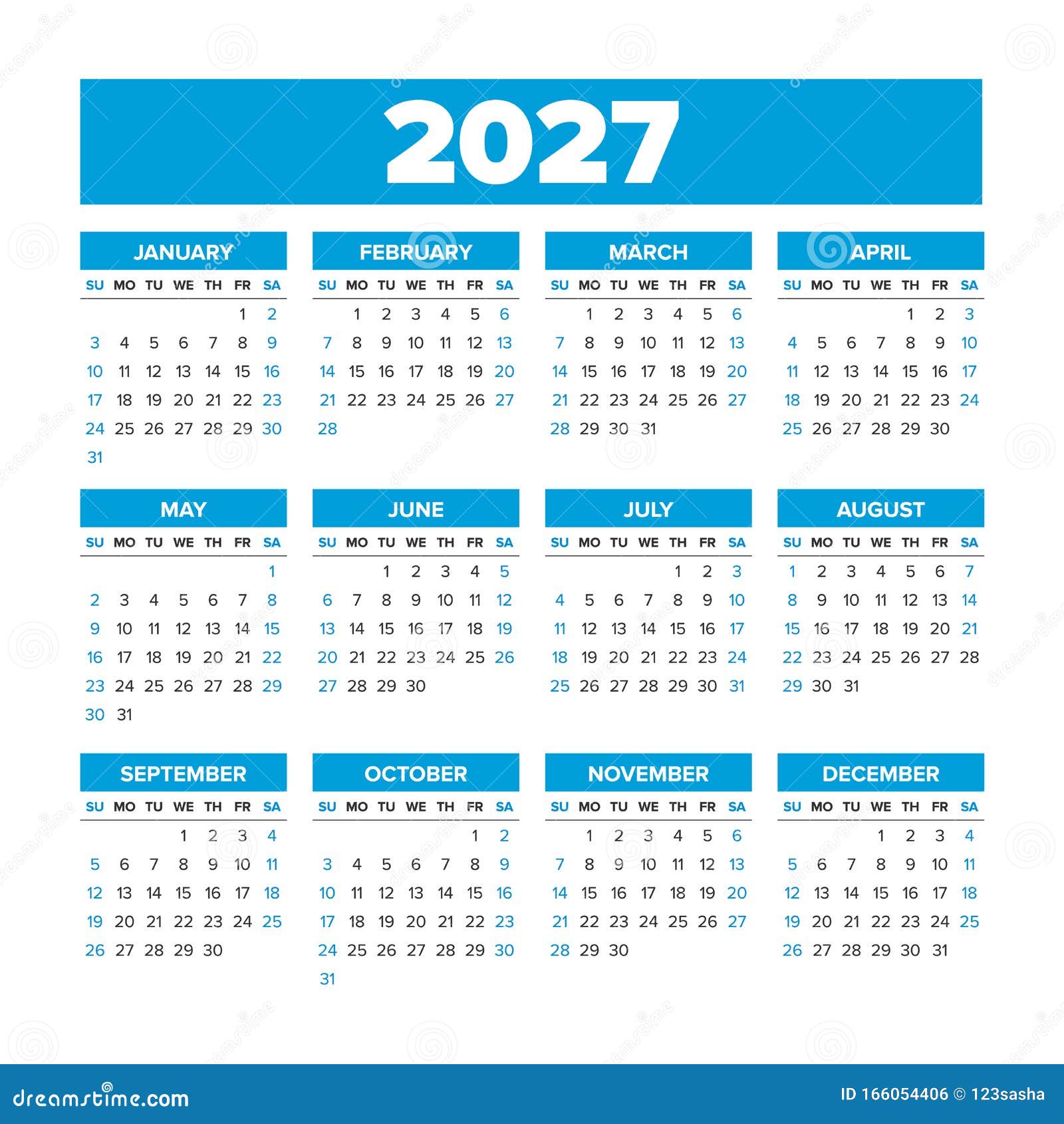 2027 Simple Horizontal Pocket Calendar Grid Template Isolated On White ...