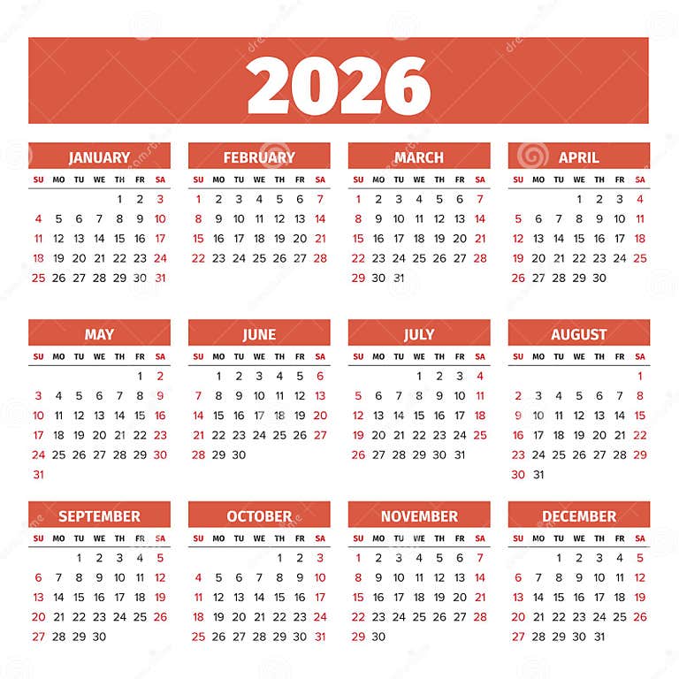 2026 Simple Vector Calendar. Weeks Start on Sunday Stock Vector ...