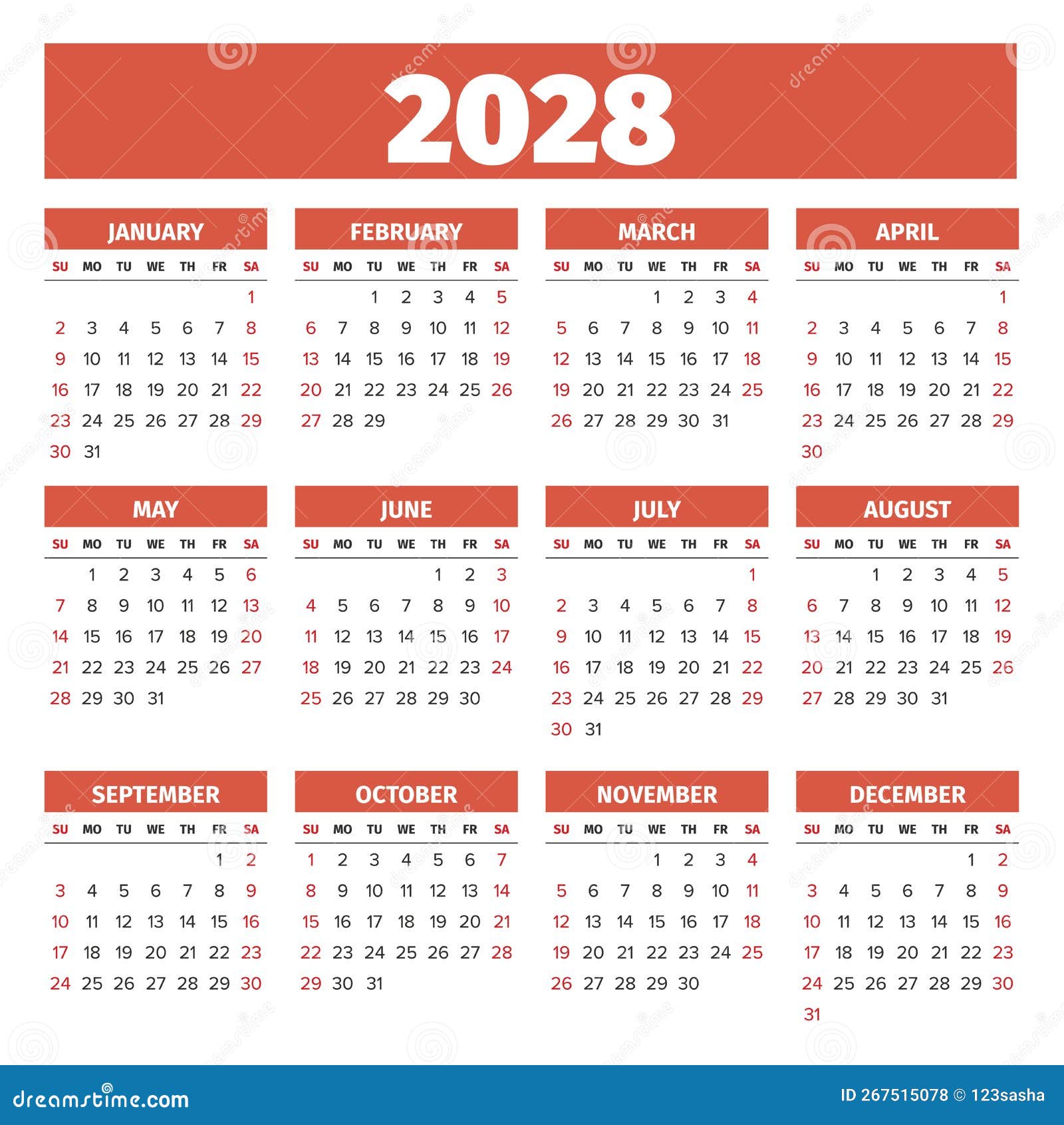 2028 Simple Vector Calendar. Weeks Start on Sunday Stock Vector ...