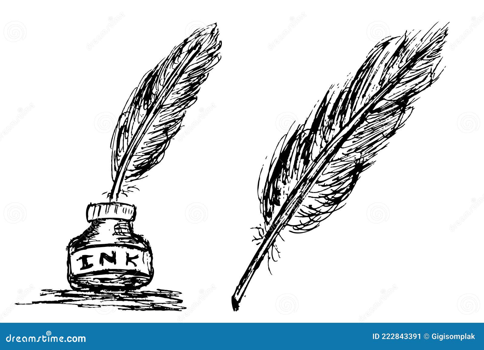 Simple Vector Hand Draw Sketch of Black Feather and Ink in the Bottle ...
