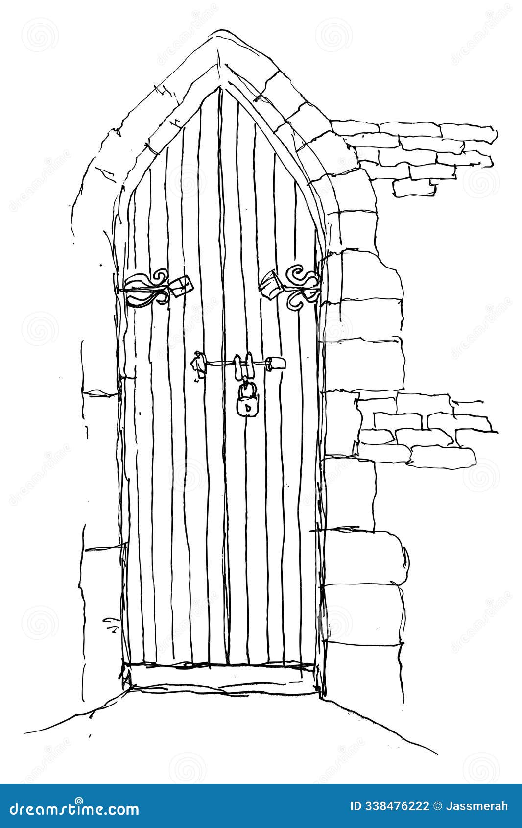 Simple Vector Hand Draw Sketch of Classic Weathered Door and Padlock ...