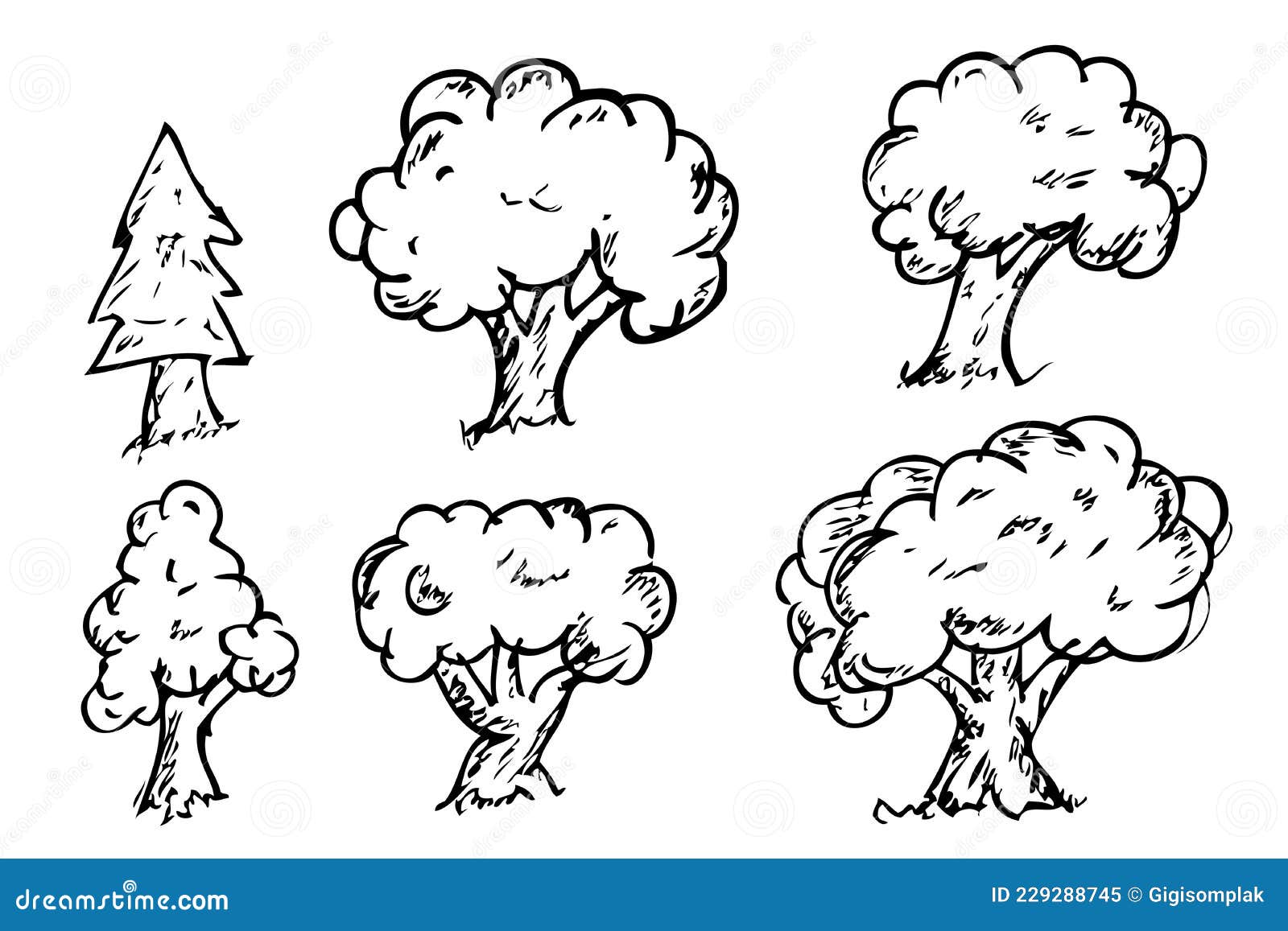 Simple Vector Hand Draw Sketch, Set 6 Big Tree and Grass Stock Vector ...