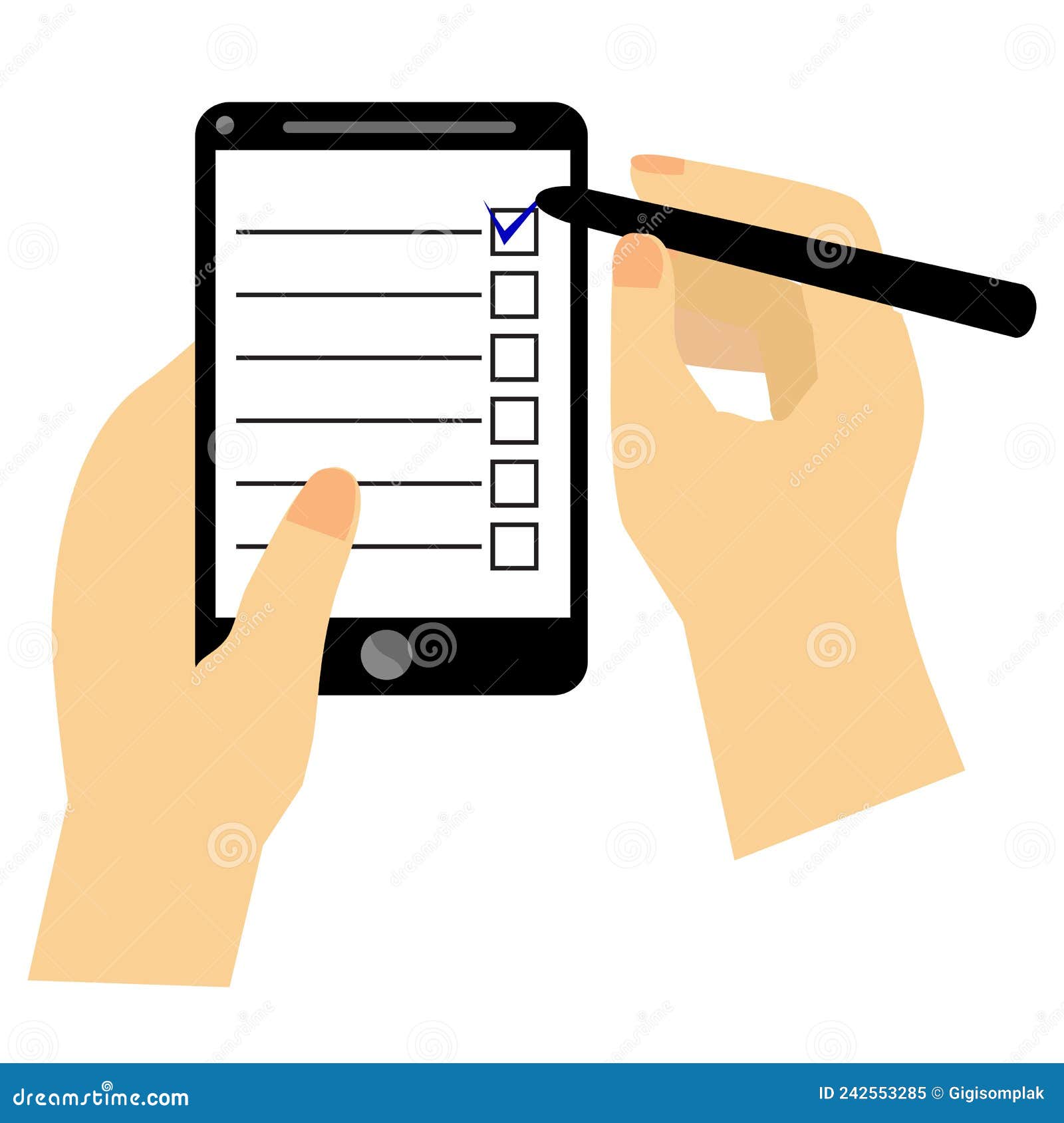 Simple Vector Hand Make a Check List with Stylus at Black Smartphone ...