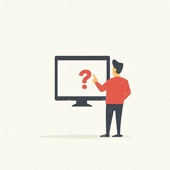 Simple Vector of Man Pointing To a Question Mark on a Screen Stock ...