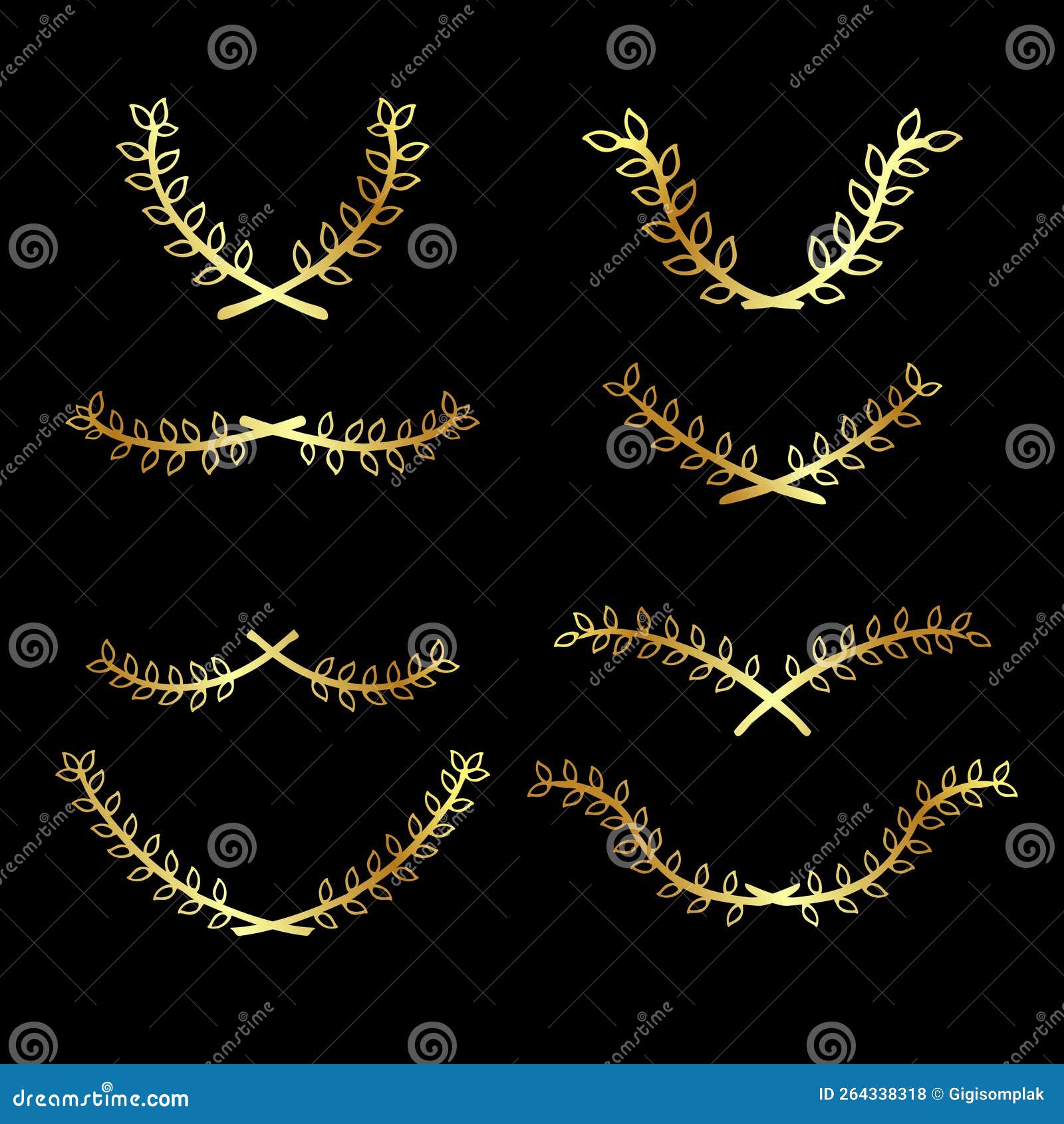 Simple Vector Set 8 Gold Golden Hand Draw Sketch Flower and Leaf Border ...