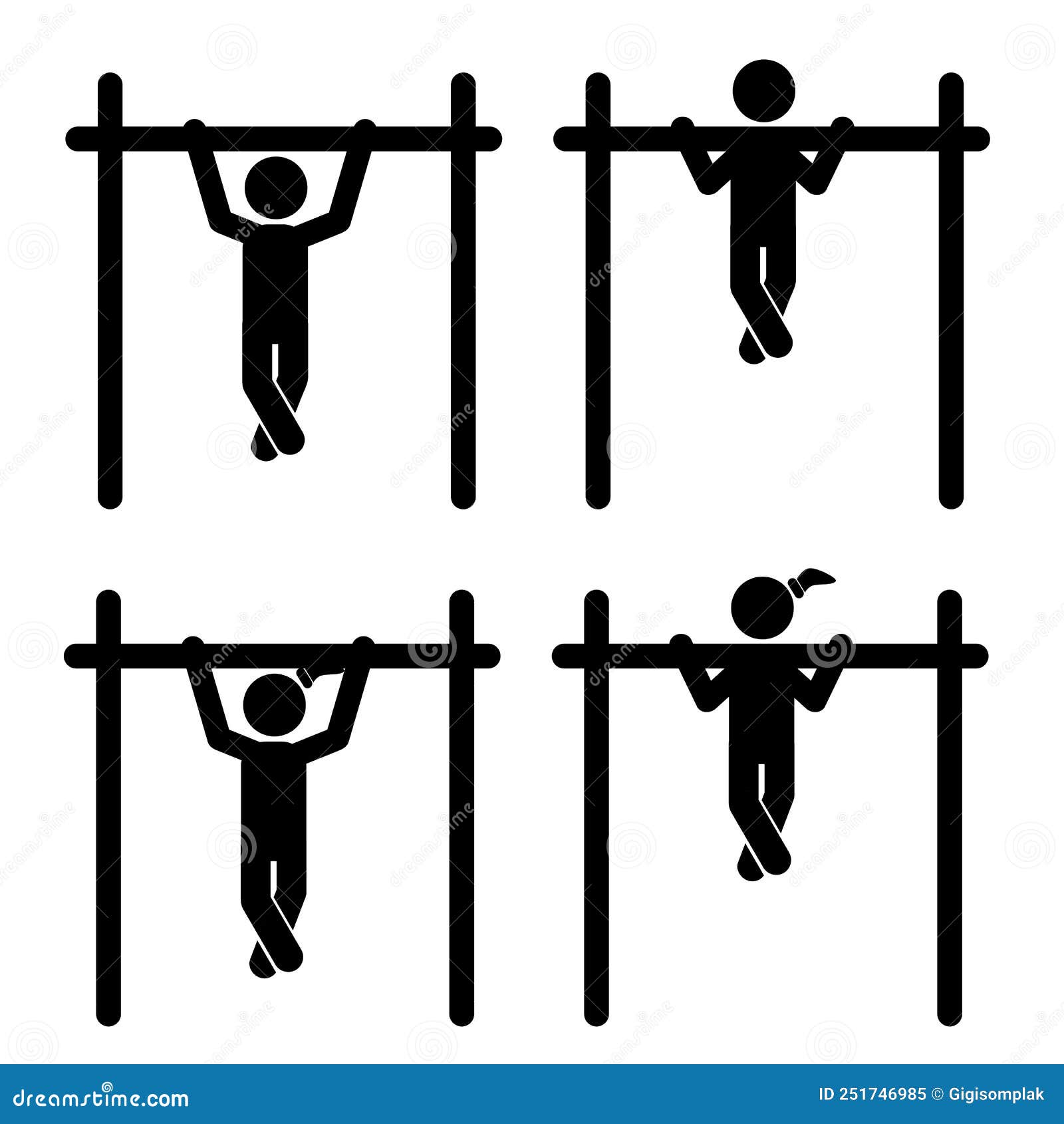 Simple Vector Set 2 Stick Man and Woman Workout, Pull Up, Isolated on ...