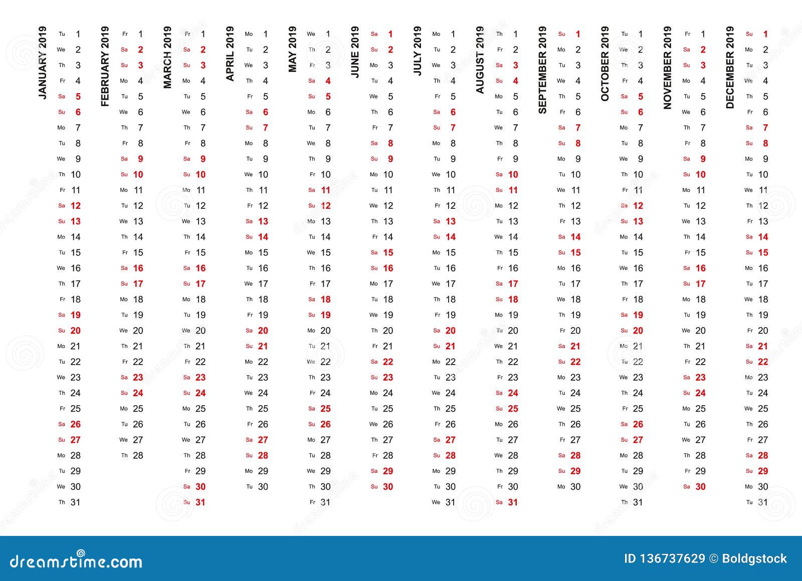 Simple Vertical Calendar Template Year 2019 Stock Vector - Illustration ...