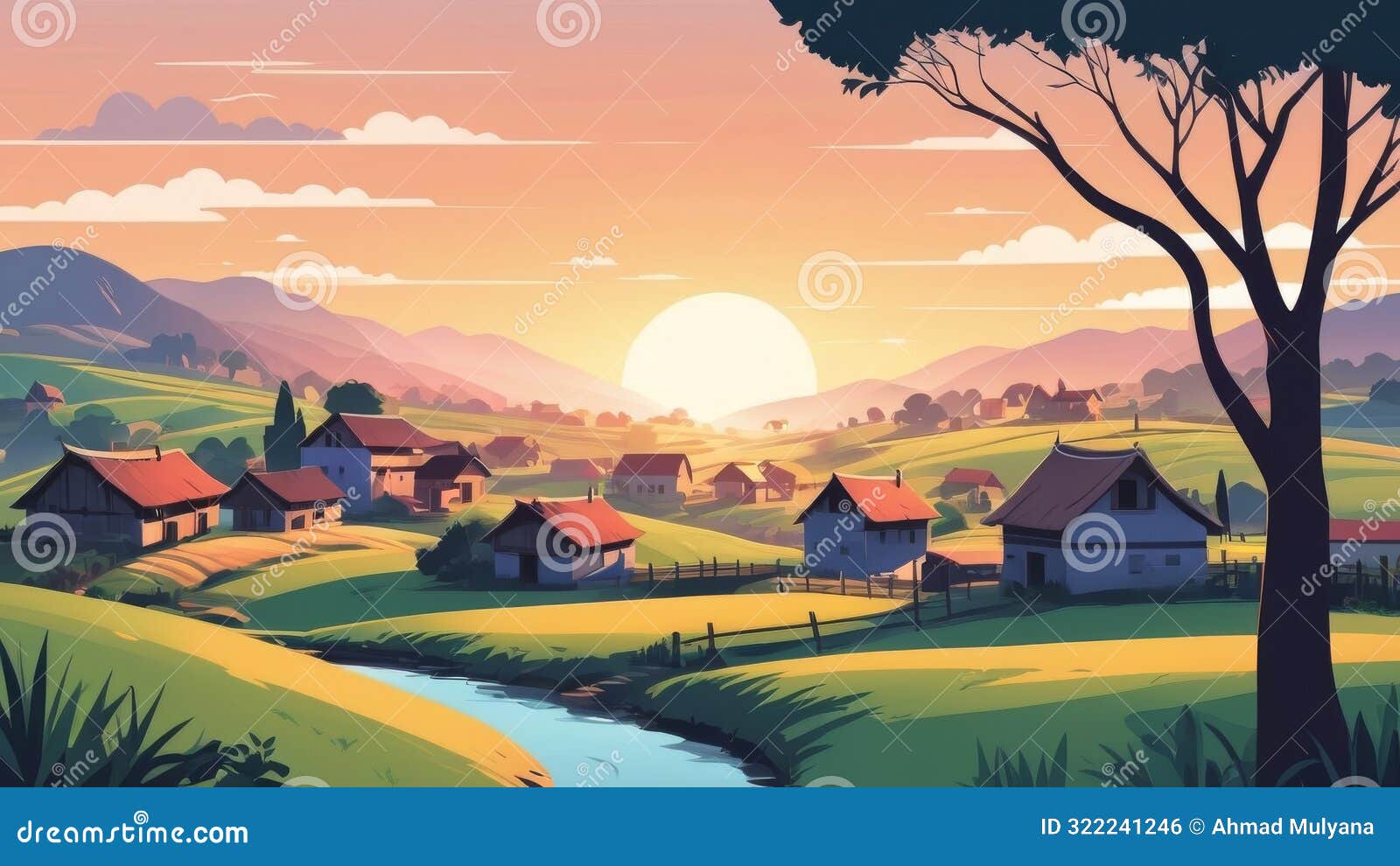 Simple Village View with Dawn in the Background, Ai Generated Stock ...