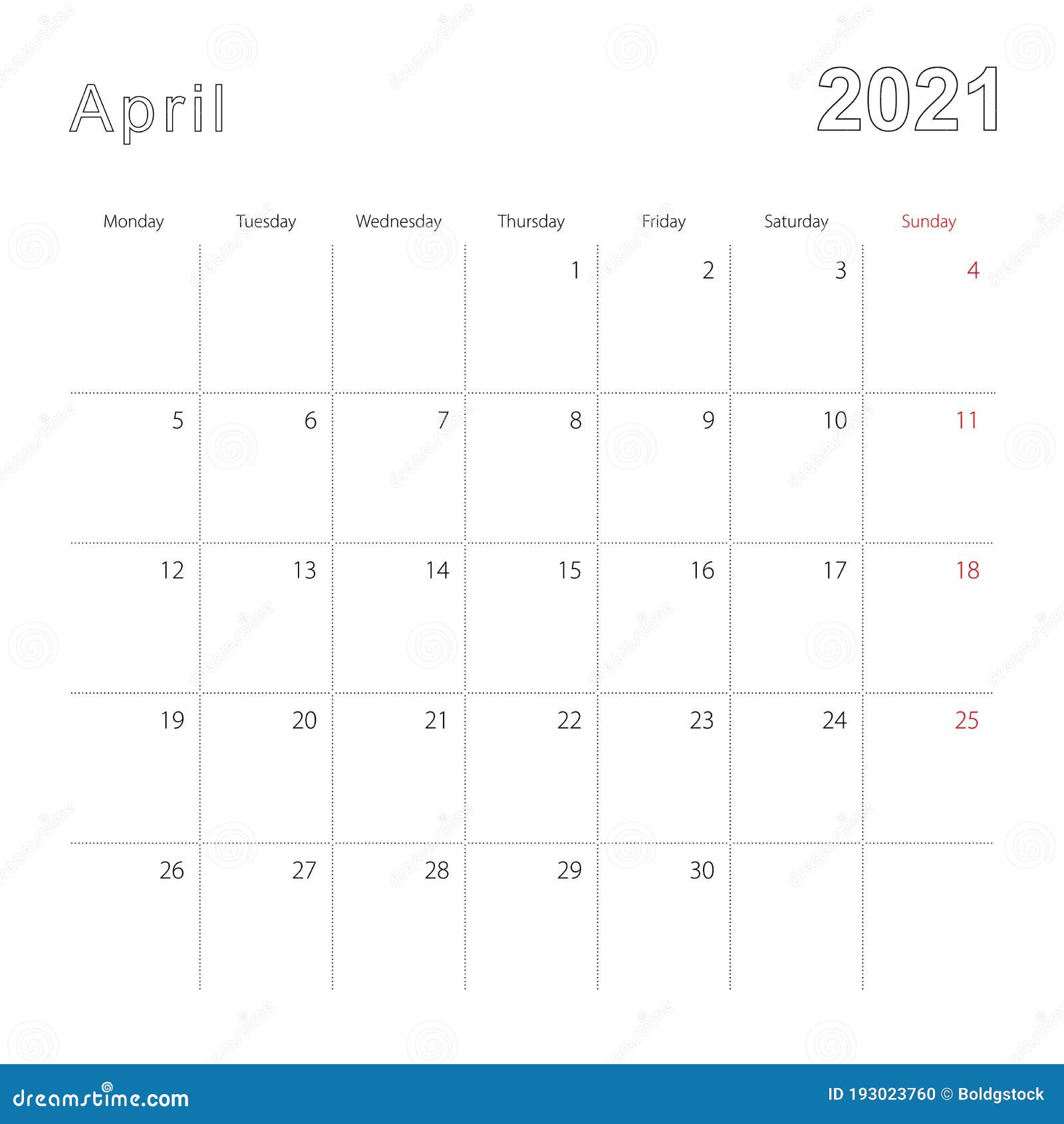 Simple Wall Calendar for April 2021 with Dotted Lines. the Calendar is ...