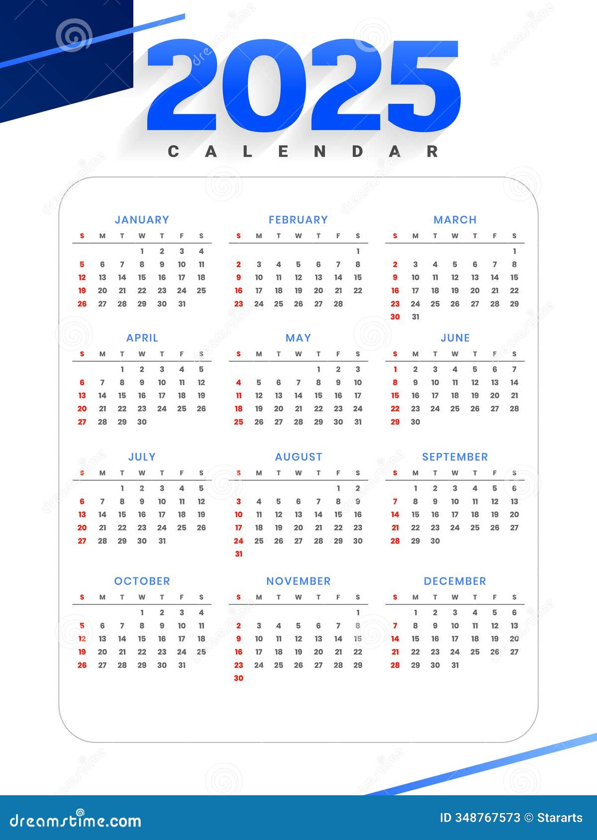 Simple 2025 Wall Calendar Layout in White Blue Stock Illustration ...
