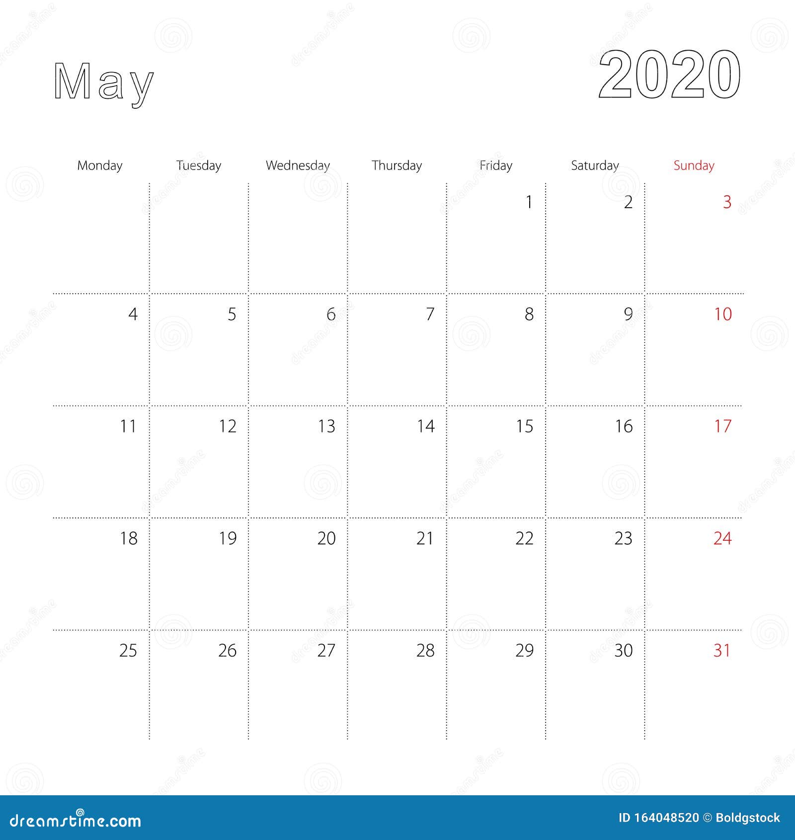 Simple Wall Calendar for May 2020 with Dotted Lines. the Calendar is in ...