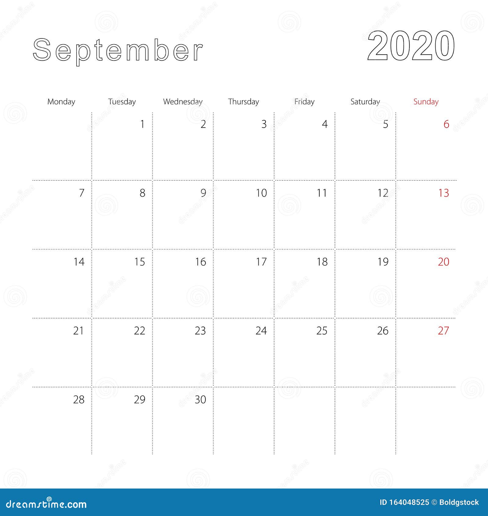 Simple Wall Calendar for September 2020 with Dotted Lines. the Calendar ...