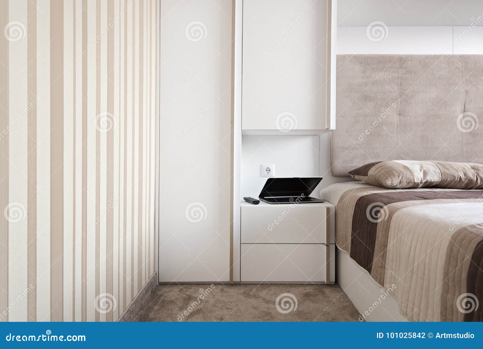 Simple white bedroom stock photo. Image of indoors, decorations - 101025842