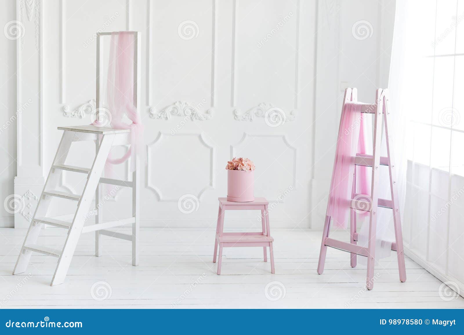 Simple White Interior, Pink Ladder Decor and Flowers in the Box. Stock ...