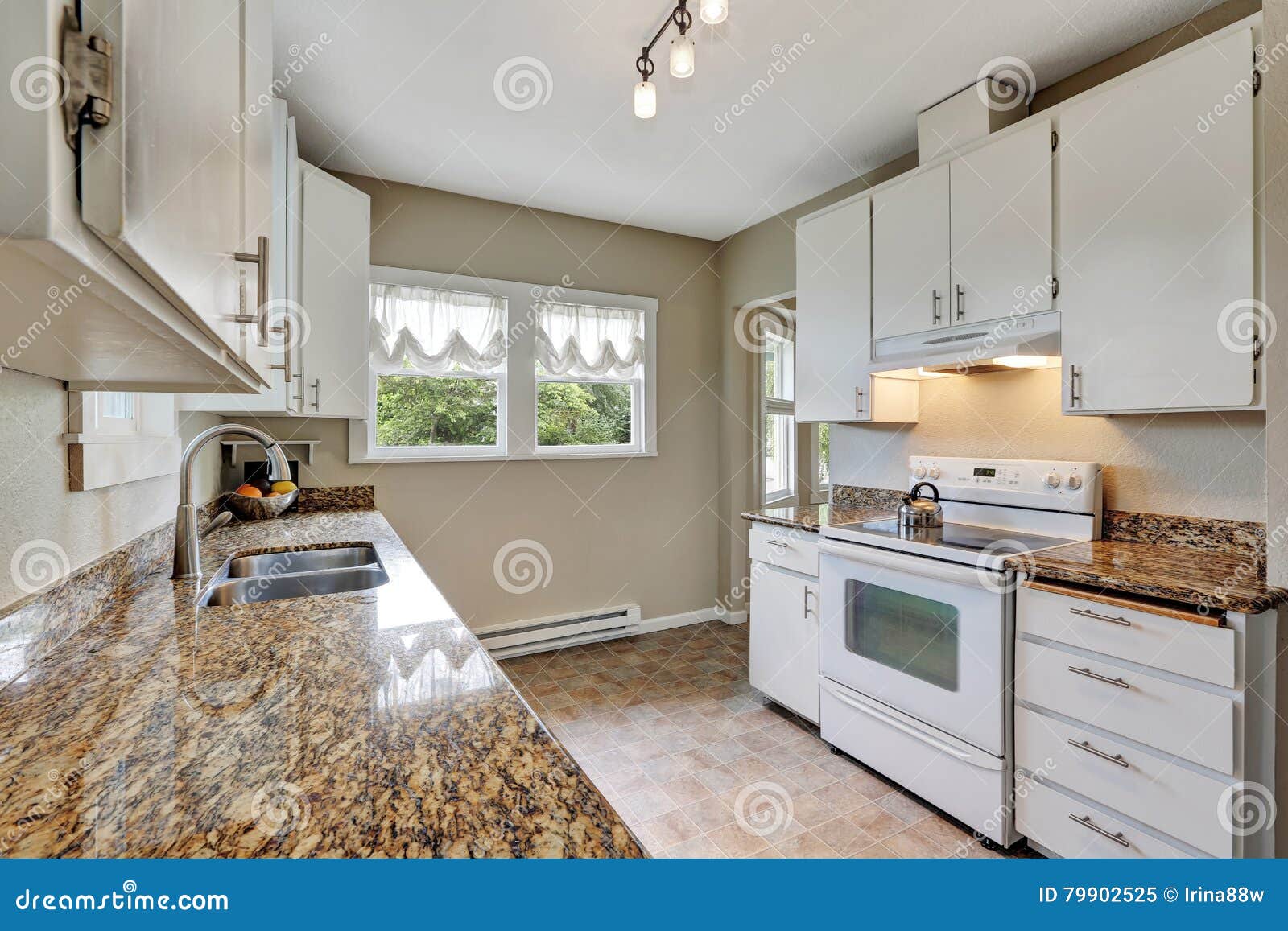 Simple White Kitchen Room with Granite Counters Stock Image - Image of ...