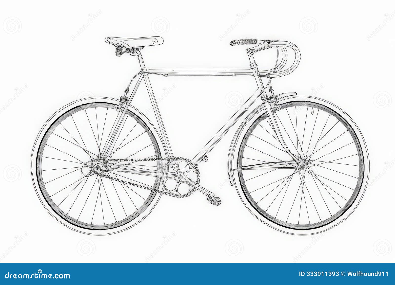 A Simple White Line Drawing of a Bicycle with Wheels, Frame, and ...