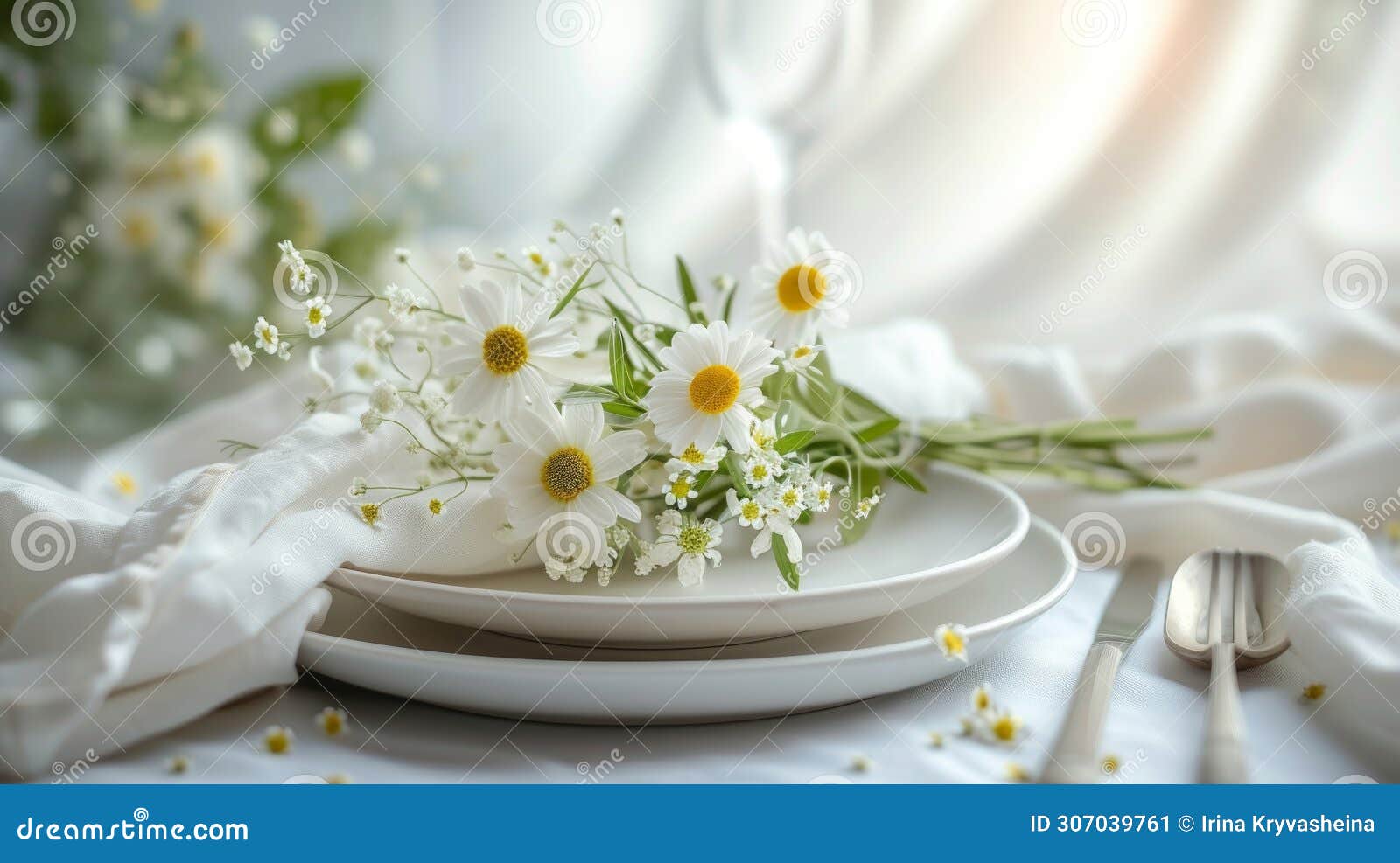 A Simple White Table Setting with a Small Bouquet of Wildflowers Stock ...