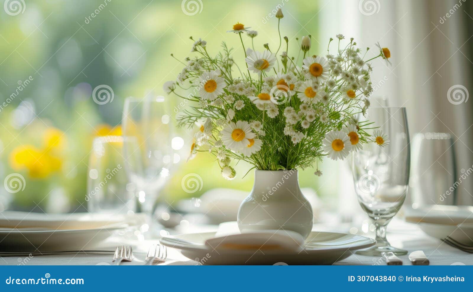 A Simple White Table Setting with a Small Bouquet of Wildflowers Stock ...