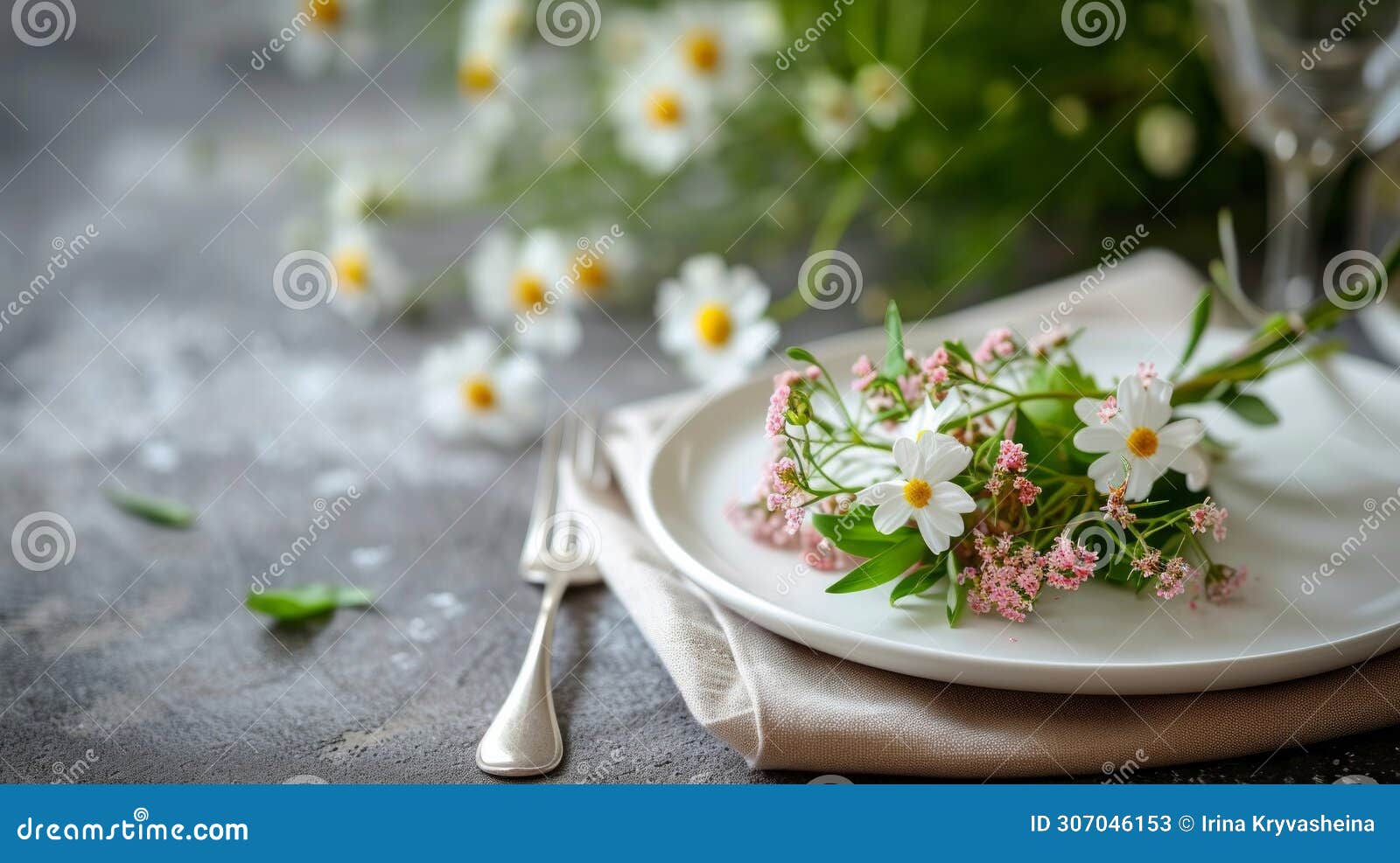 A Simple White Table Setting with a Small Bouquet of Wildflowers Stock ...
