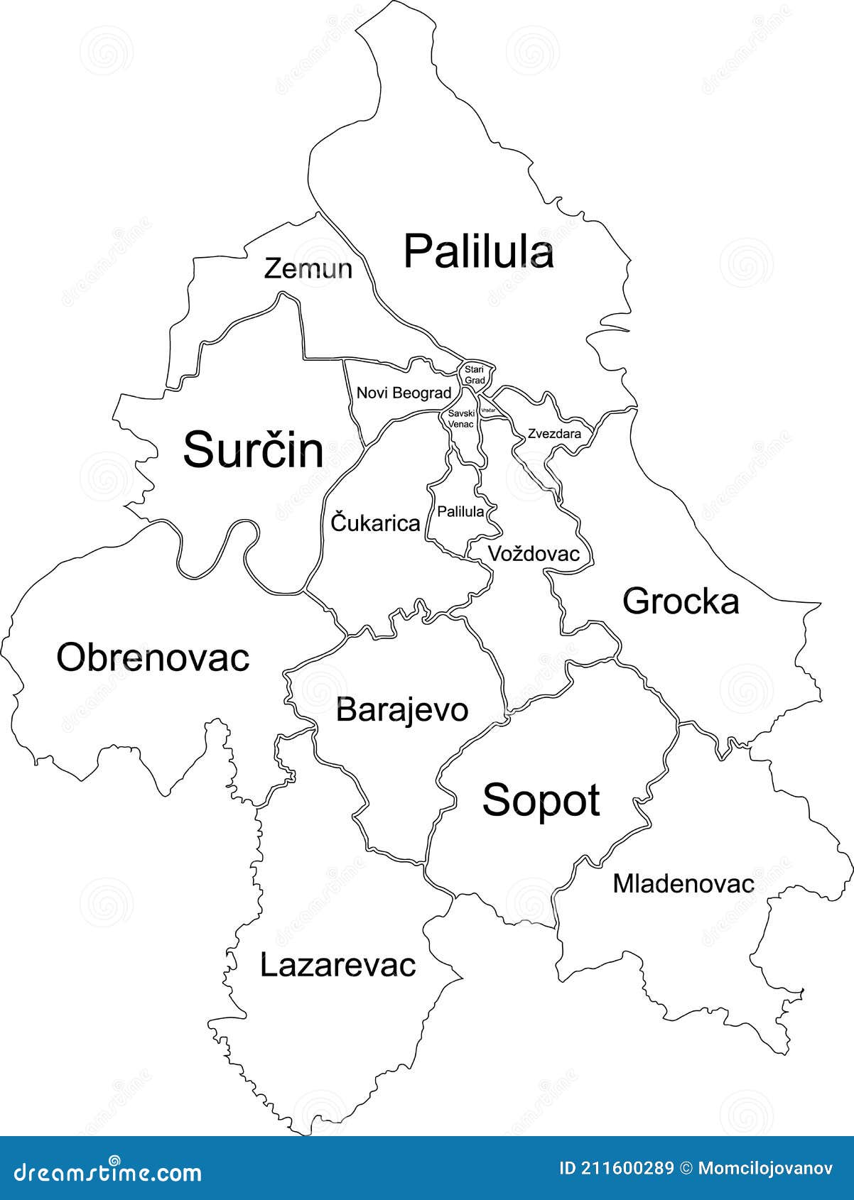 White Map of Municipalities of Belgrade, Serbia Stock Vector ...