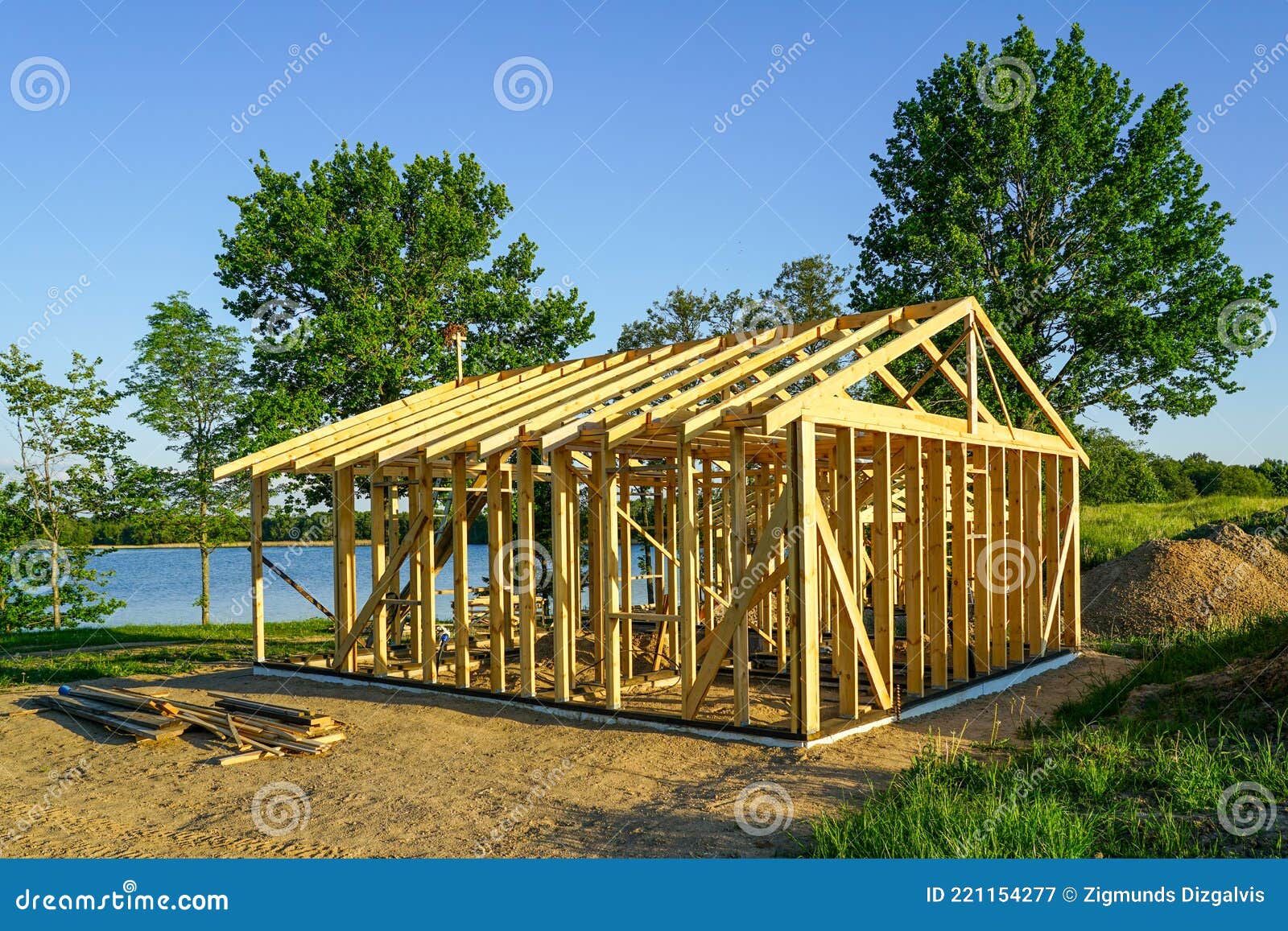 Simple Wooden Building Frame on the Lake Shore Stock Image - Image of ...