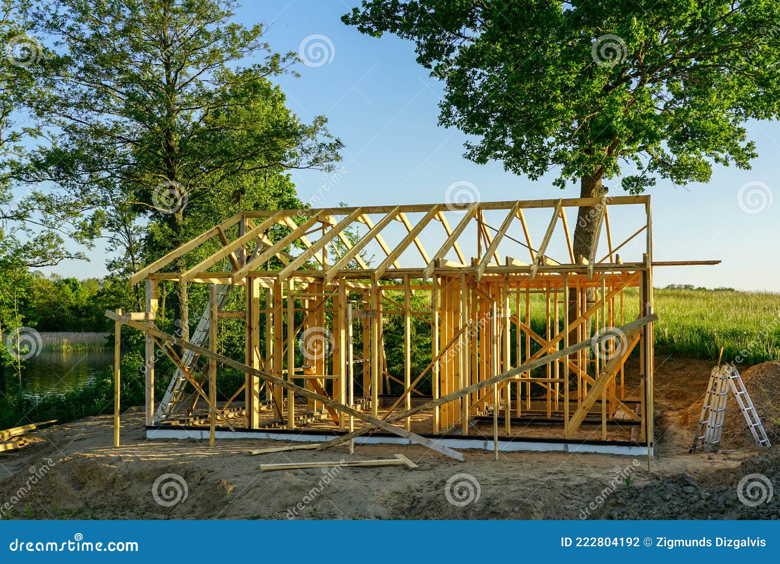 Simple Wooden Building Frame on the Lake Shore Stock Photo - Image of ...