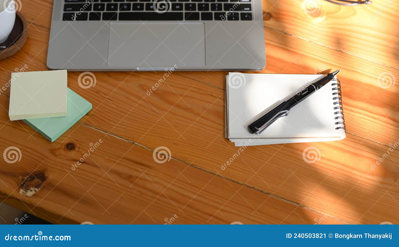 Simple Wooden Office Table with Laptop Computer, Notepad Stock Image ...