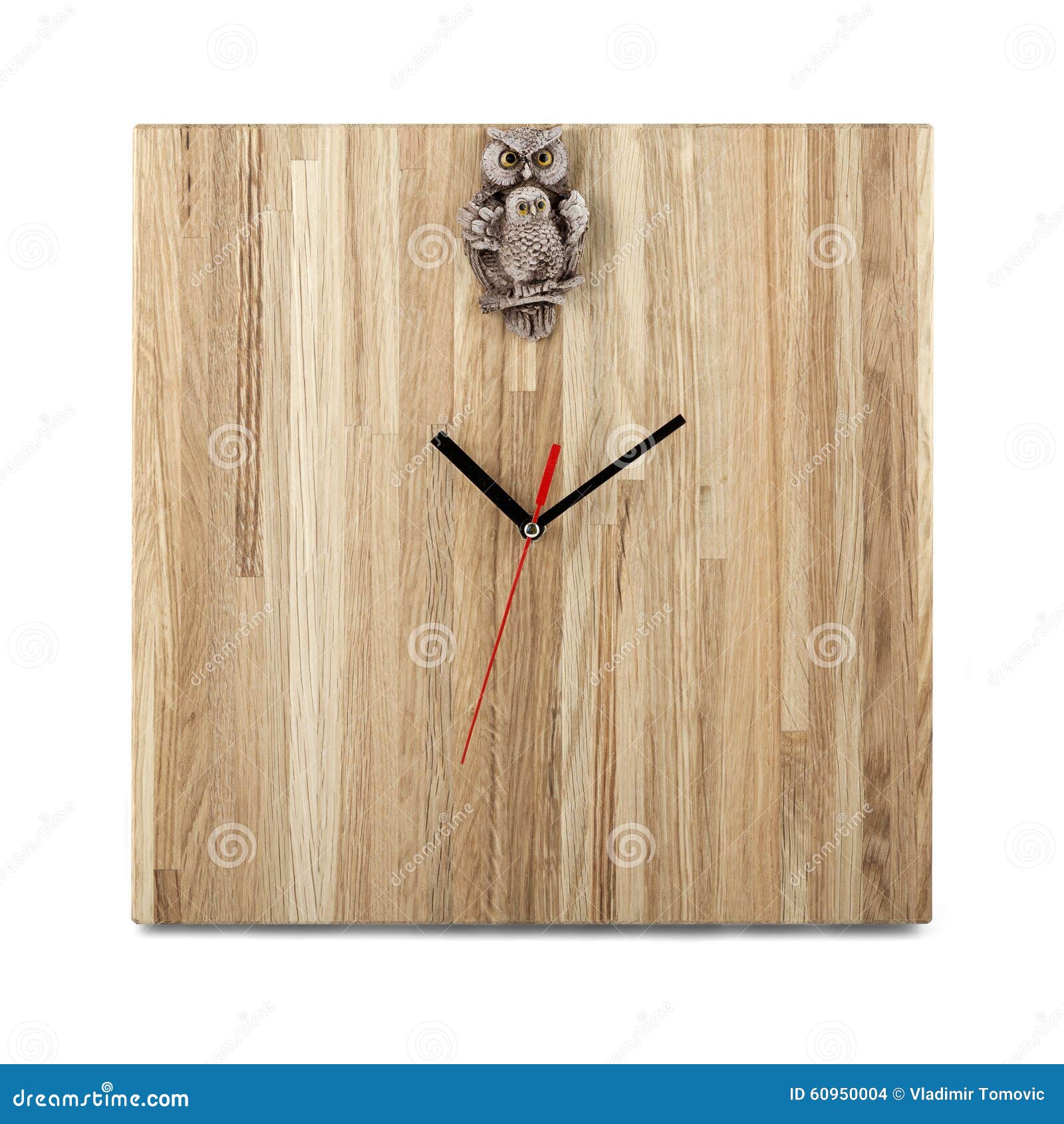 Simple Wooden Wall Watch with Owl - Square Clock Isolated Stock Photo ...