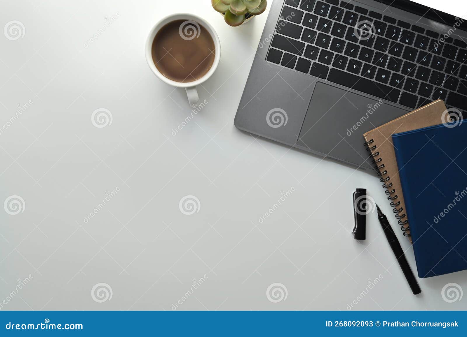 Simple Workspace with Laptop Computer, Books and Cup of Coffee on White ...