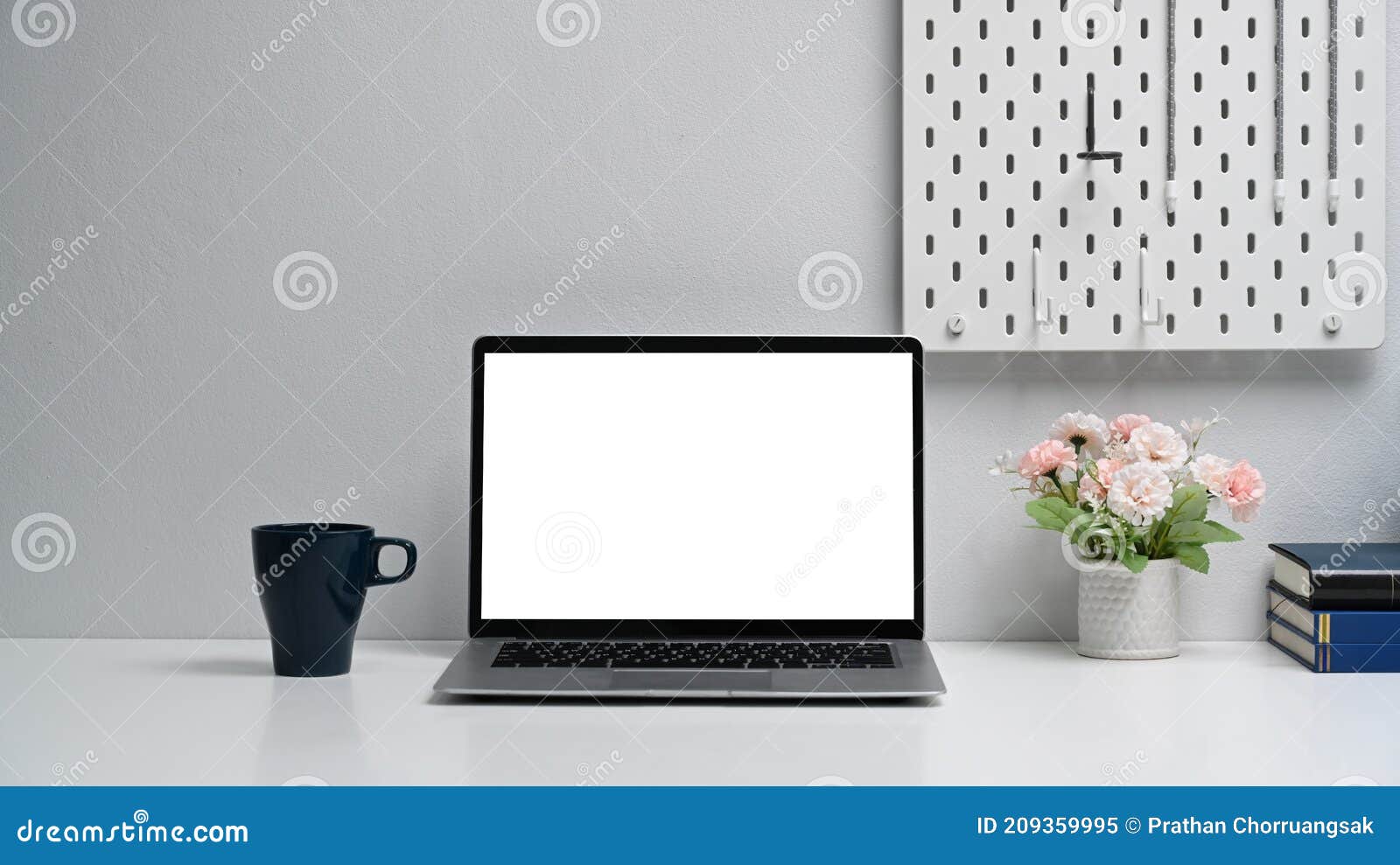 Simple Workspace with Laptop Computer White Table. Stock Image - Image ...
