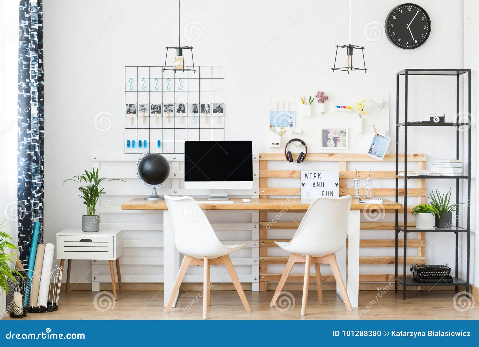 Simple Workspace with Wooden Table Stock Photo - Image of bulb, clock ...