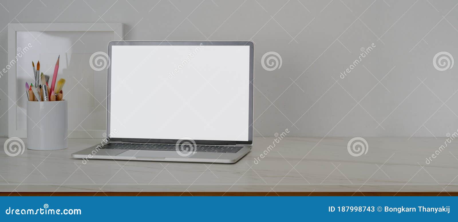 Simple Worktable with Blank Screen Laptop, Painting Tools, Mock-up ...